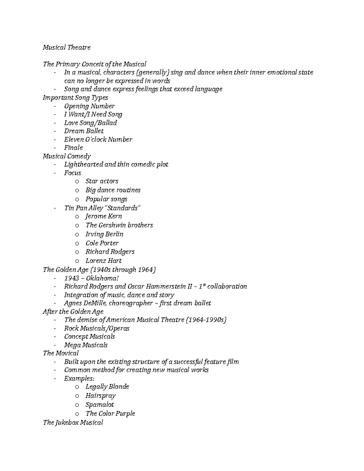 Musical Theatre - Lecture notes - Musical Theatre The Primary Conceit ...