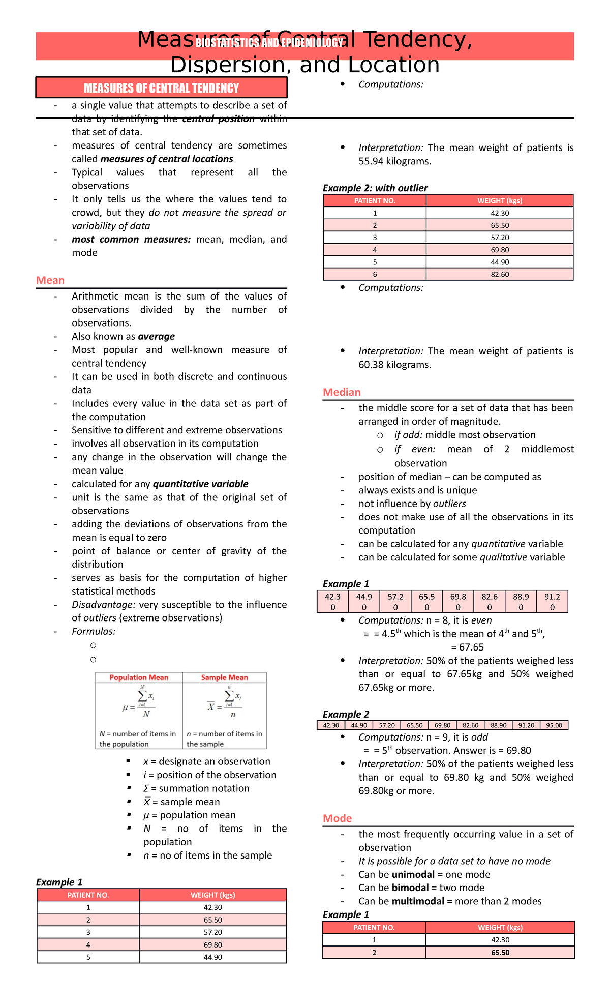 3. Measures of Central Tendency, Dispersion, and Location - a single ...