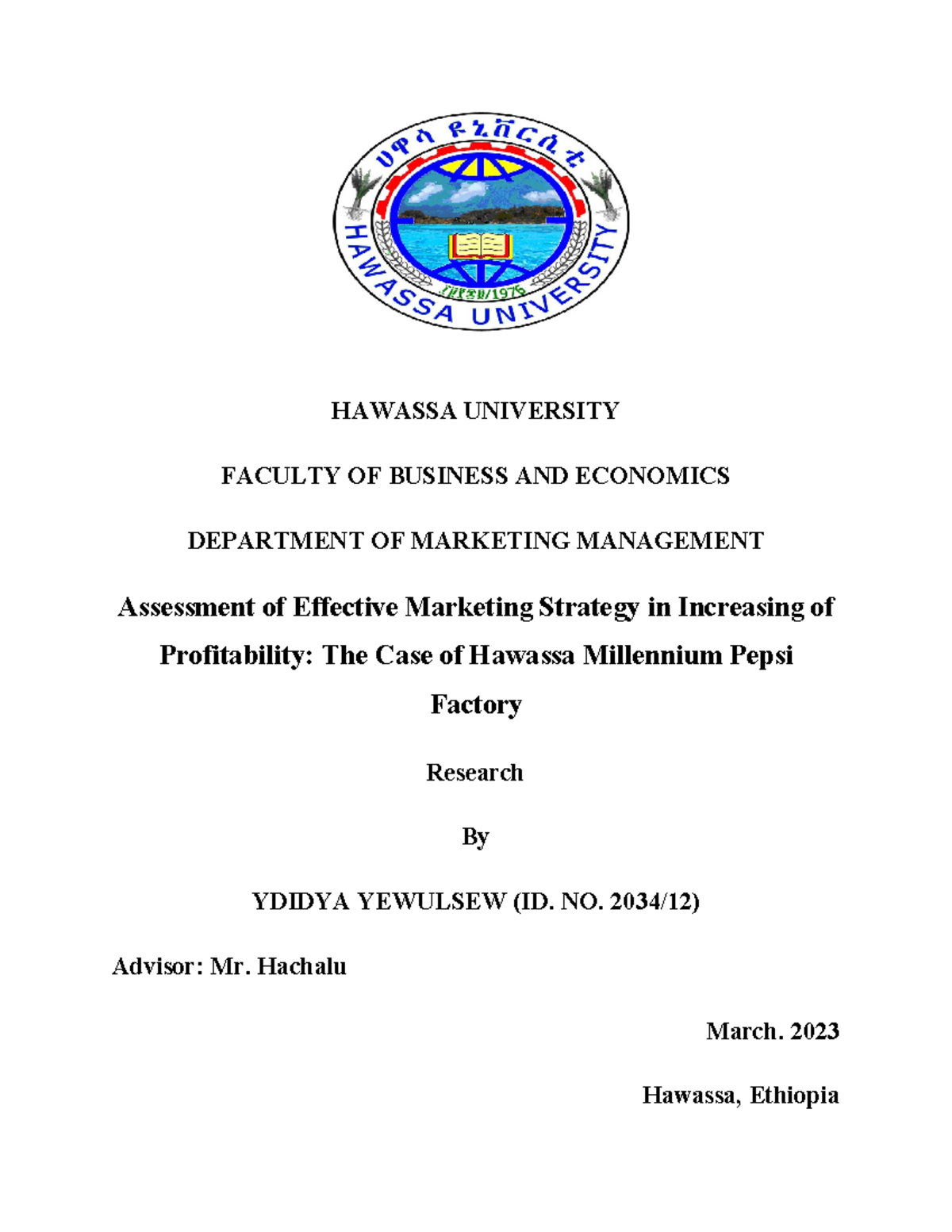 Yididya Hawasa University Research - HAWASSA UNIVERSITY FACULTY OF ...