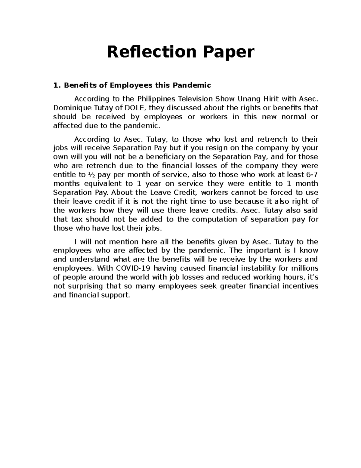 Reflection Paper - Activity guide - Reflection Paper Benefits of ...
