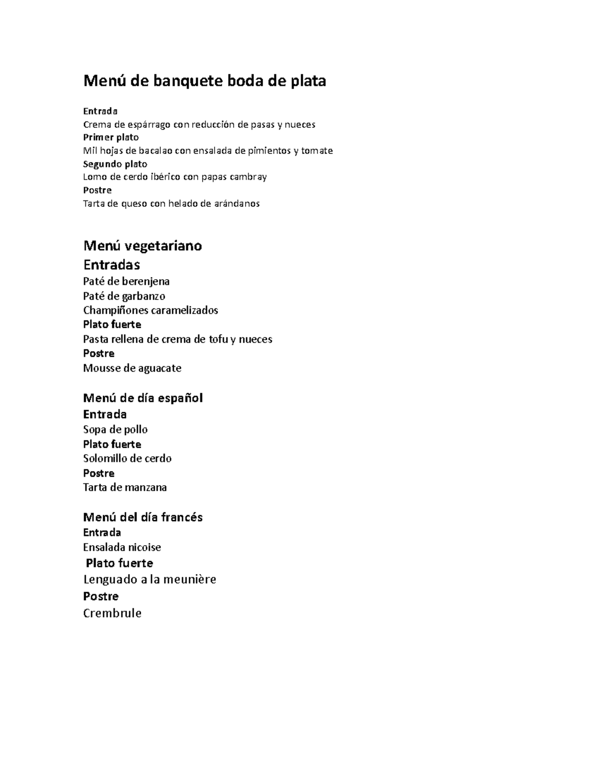 Copia de menus - Menu - Menú de banquete boda de plata Entrada Crema de ...