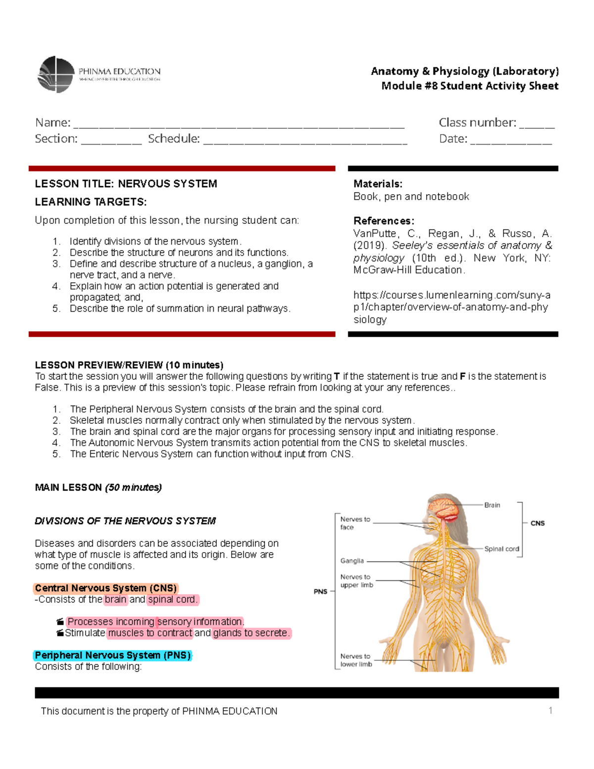 SAS 8 ( Nervous) - Sas8 - Module #8 Student Activity Sheet Name: - Studocu