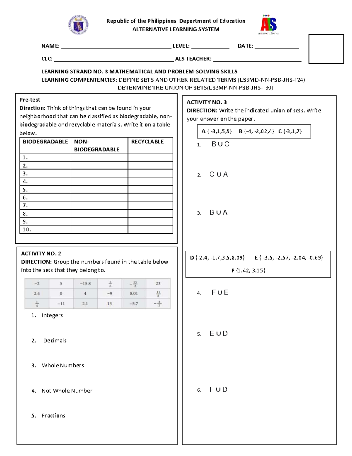 Activity-FOR- Union-OF-SETS - NAME: ___________________________________ LEVEL: ____________ DATE ...