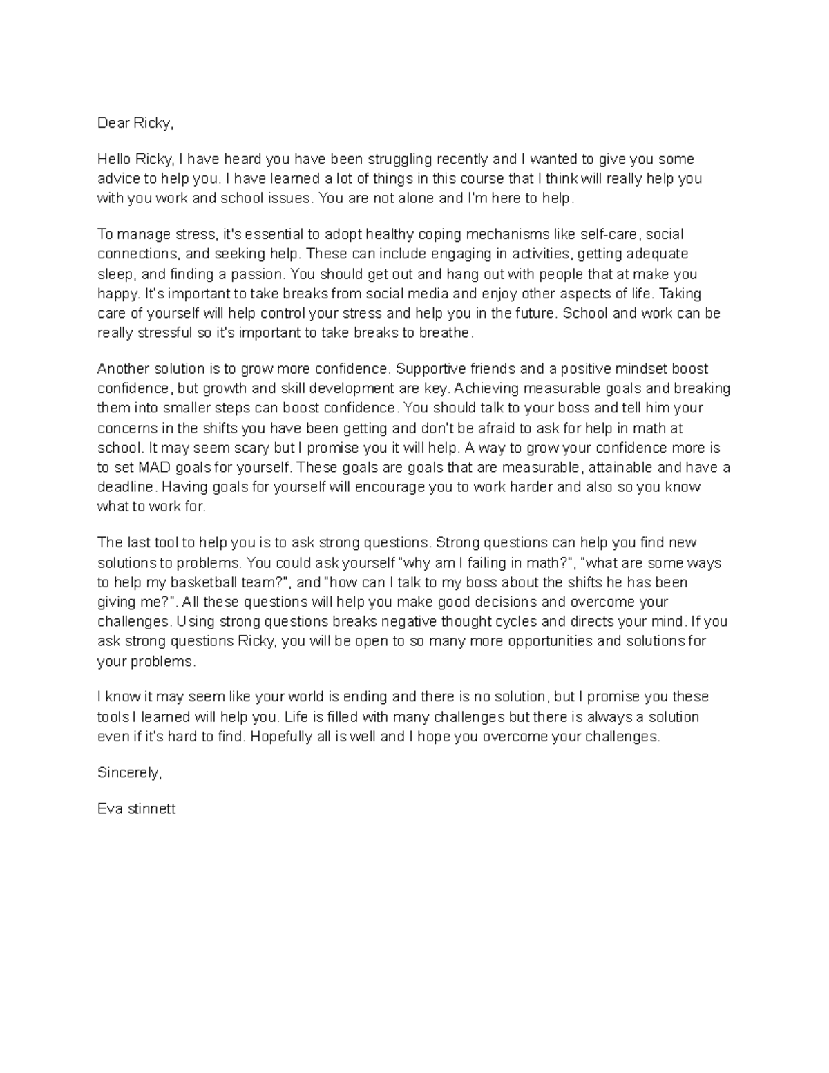 Letter to Ricky - Peer counseling - Dear Ricky, Hello Ricky, I have ...