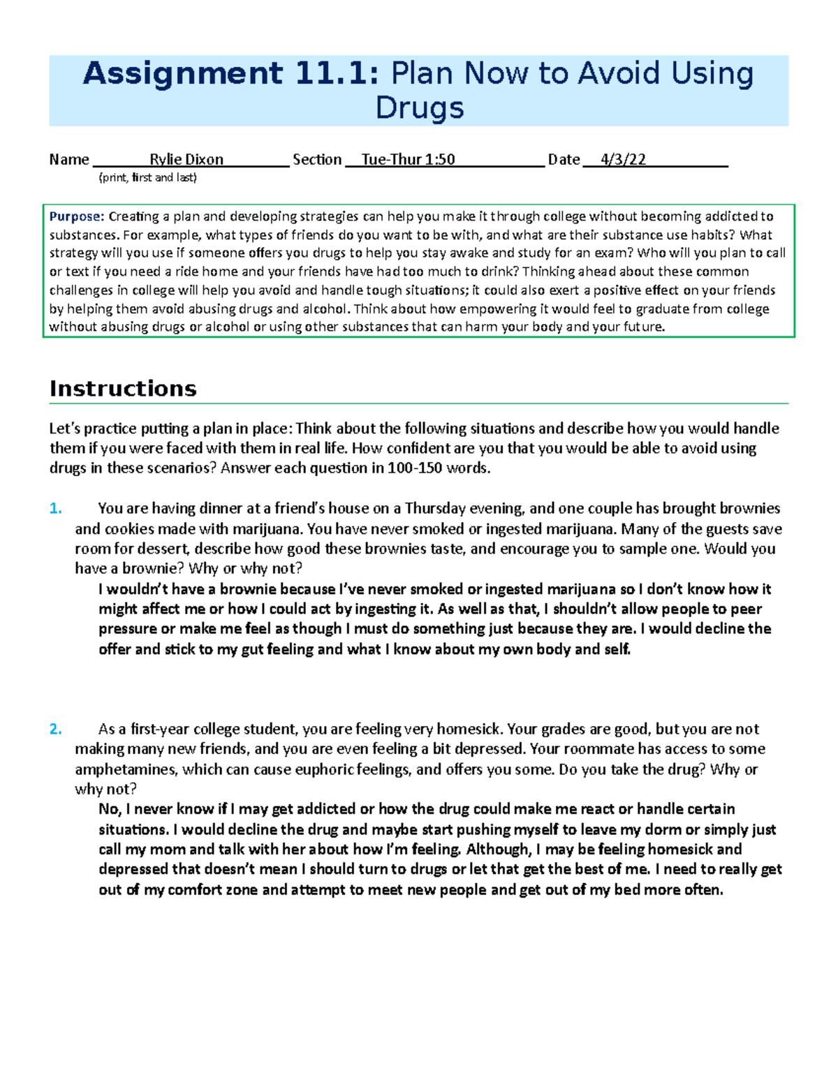 Assignment #11 Remaining free from addiction-1 - Assignment 11: Plan ...