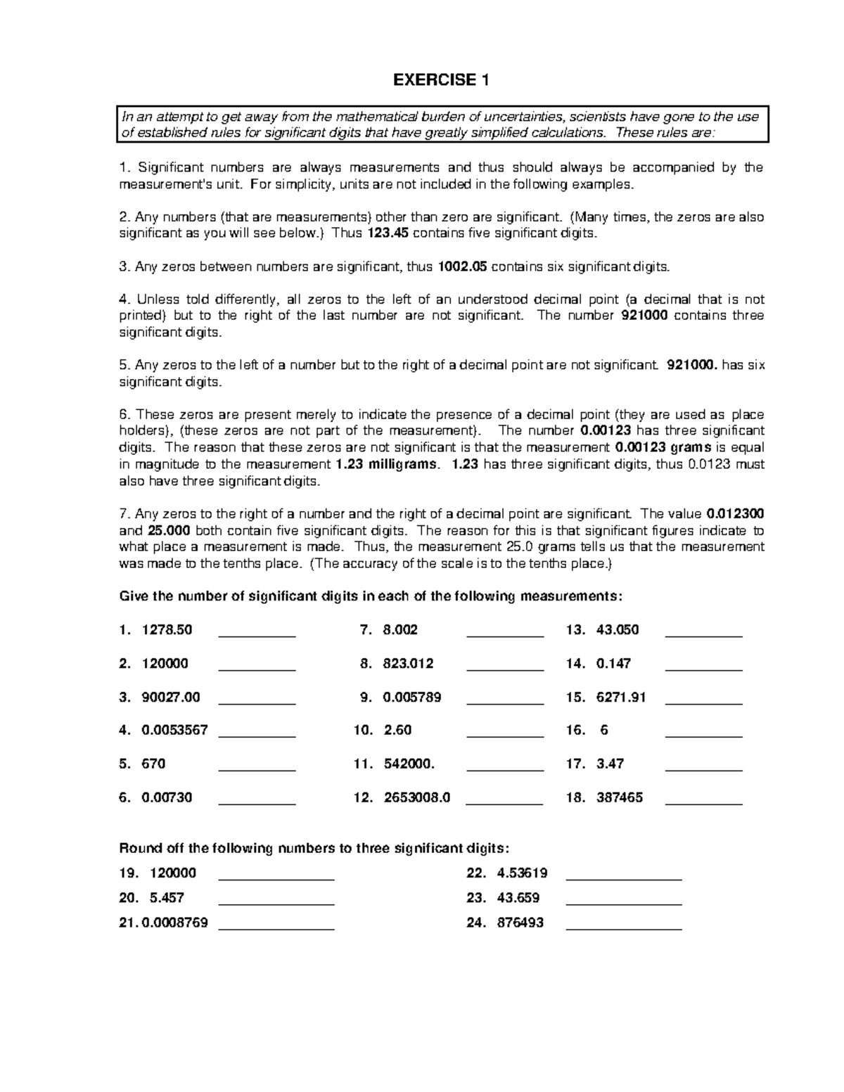 Exercise 1 Significant Figures - EXERCISE 1 Significant numbers are ...
