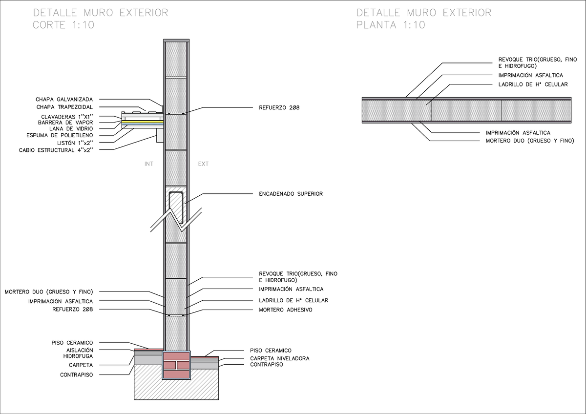 Detalle MURO Y Techo 1 10 - DETALLE MURO EXTERIOR DETALLE MURO EXTERIOR CORTE 1:10 PLANTA 1:10 ...