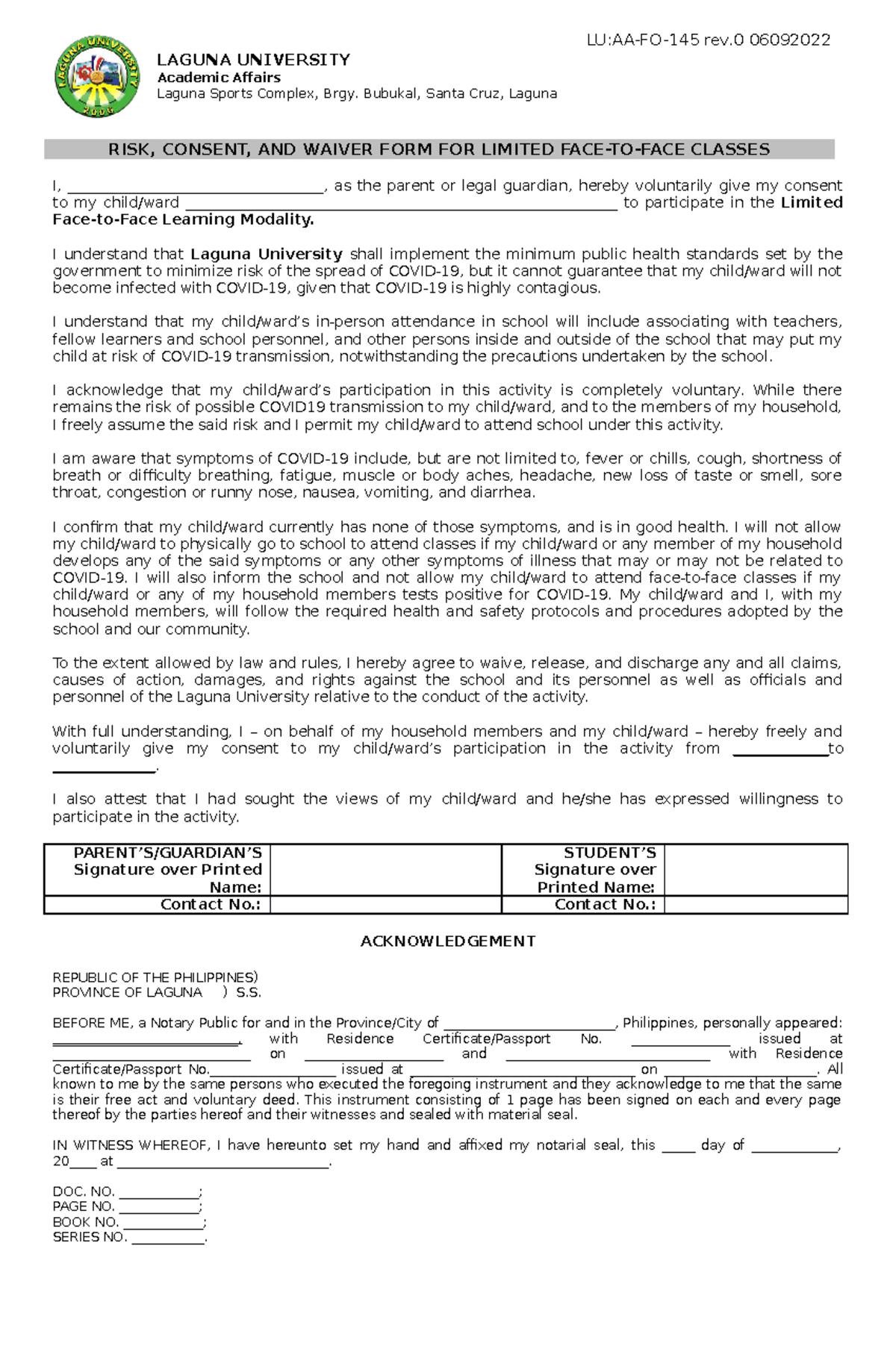 LU-AA-FO-145-Risk-Consent-and-Waiver-Form-for-Limited-Face-to-Face ...