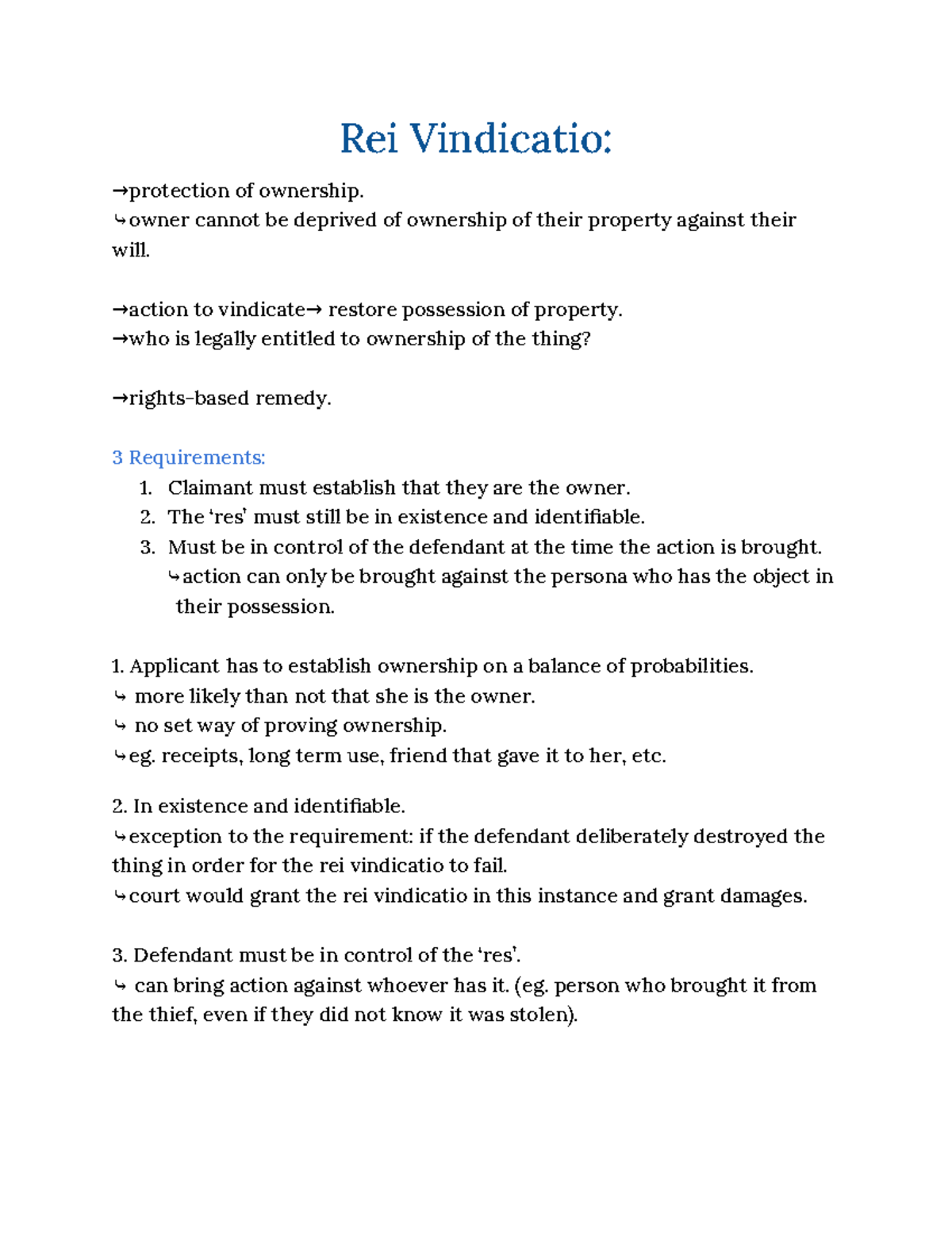 Rei vindicatio - Notes for property law. - Rei Vindicatio: → protection ...