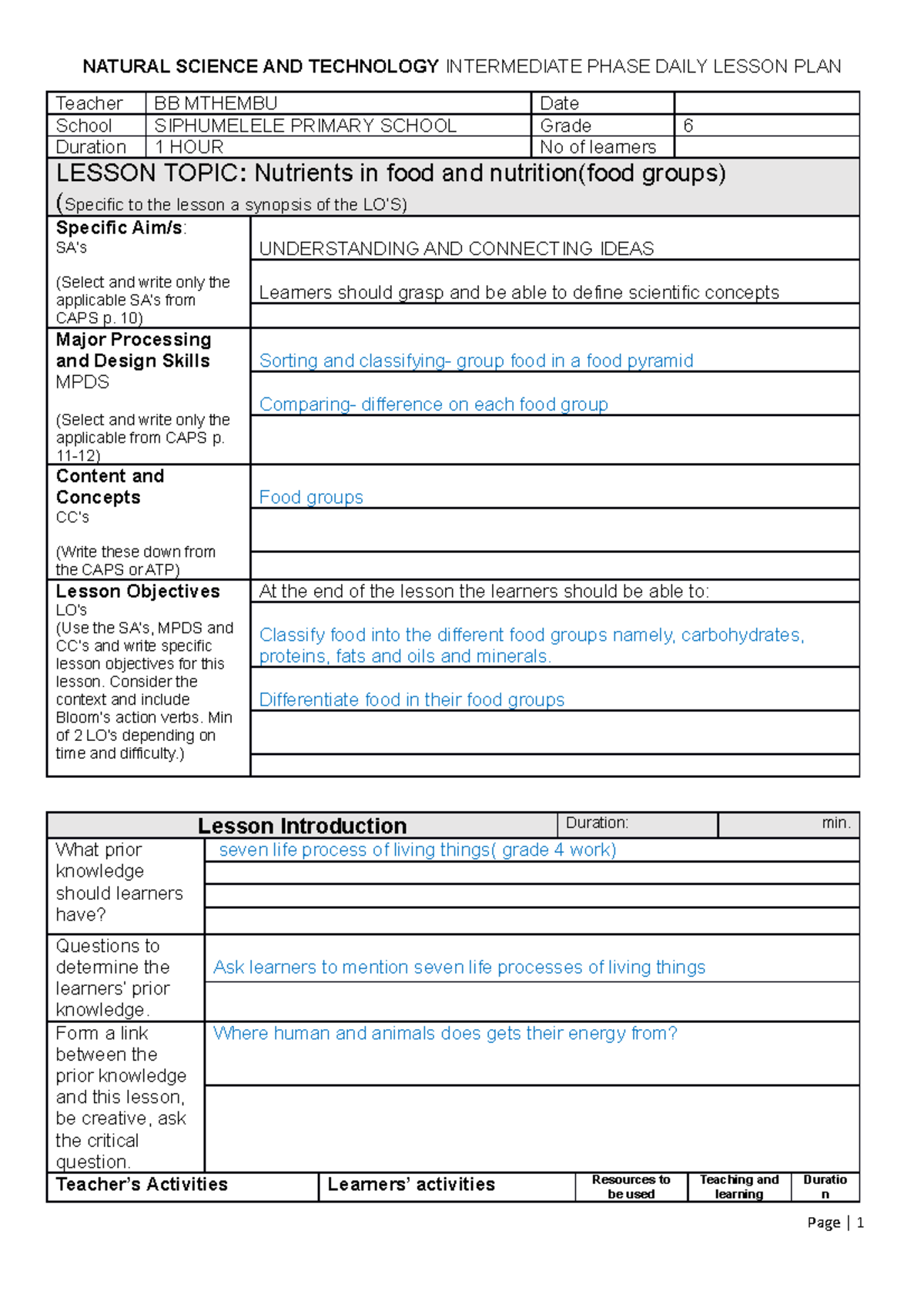 Food groups - NATURAL SCIENCE AND TECHNOLOGY INTERMEDIATE PHASE DAILY ...