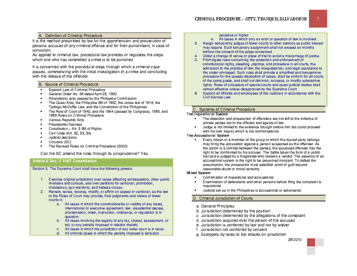Crim Pro-Salvador Reviewer - A. Definition of Criminal Procedure It is ...