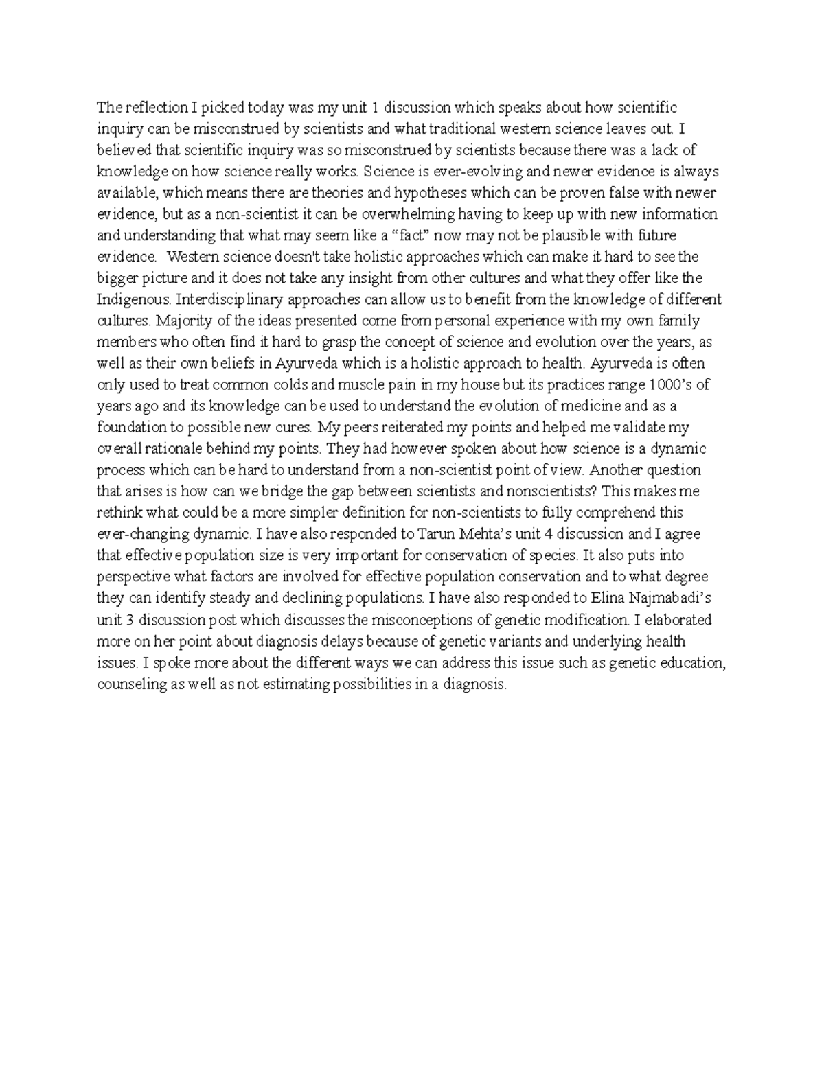 Reflection #1- Biol 2400 - The reflection I picked today was my unit 1 ...