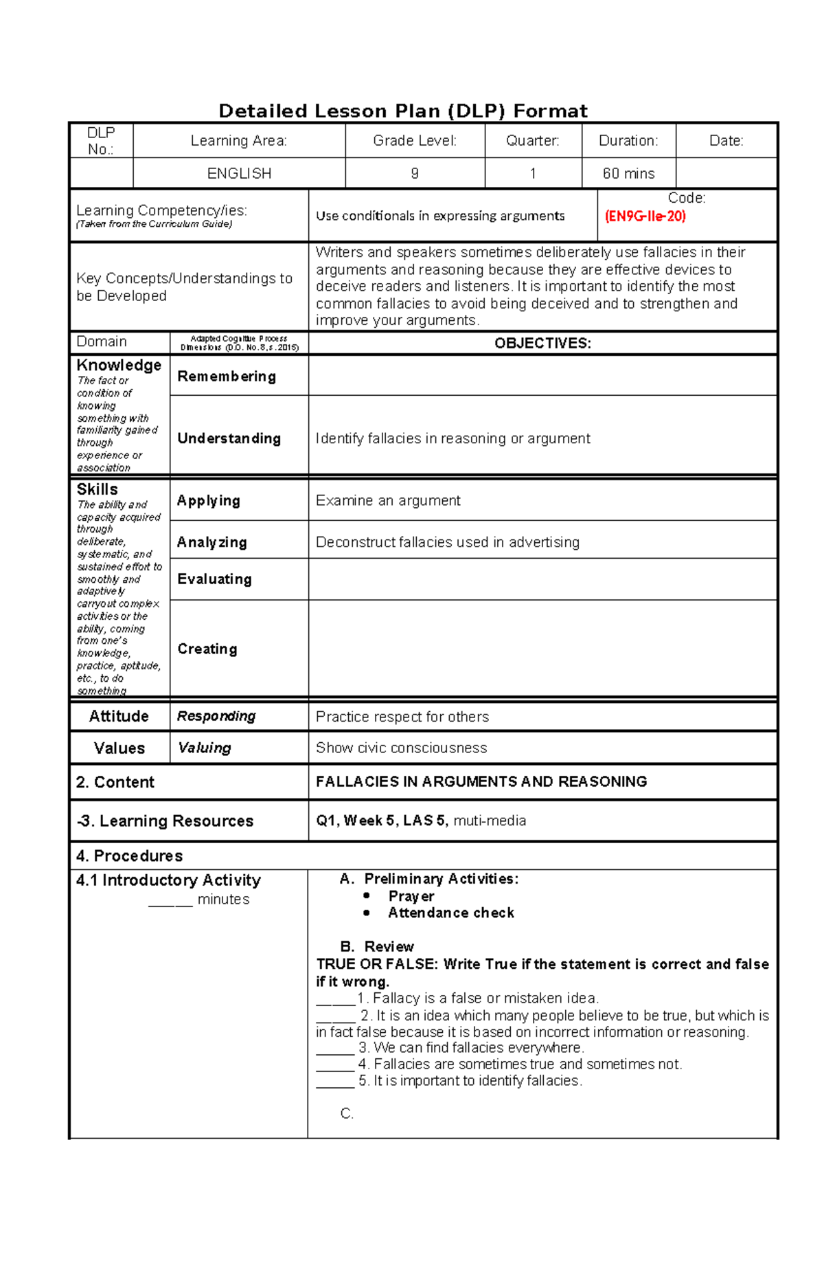 DLP Fallacy - Detailed Lesson Plan (DLP) Format DLP No.: Learning Area: Grade Level: Quarter ...