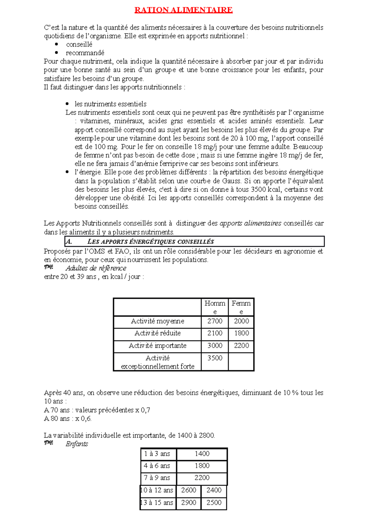 Ration Alimentaire - Physiologie - RATION ALIMENTAIRE C’est la nature et la quantité des ...