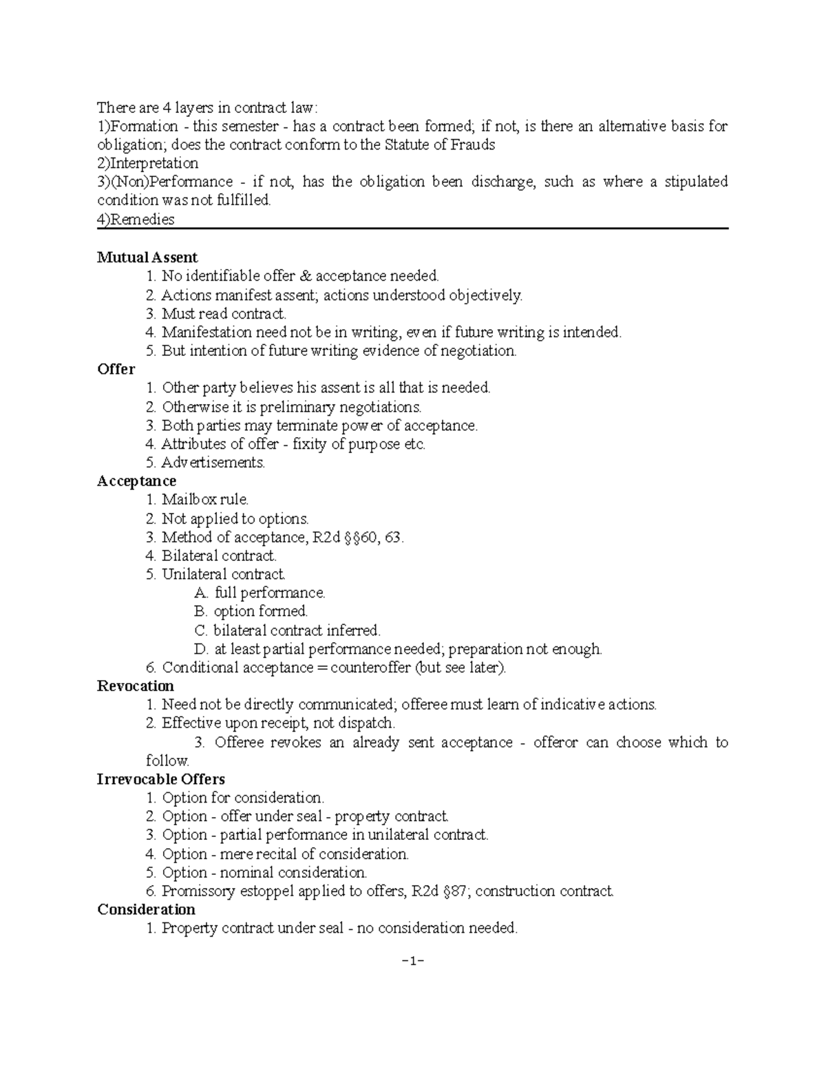 Contracts Law Outline - 2 - There are 4 layers in contract law: 1 ...