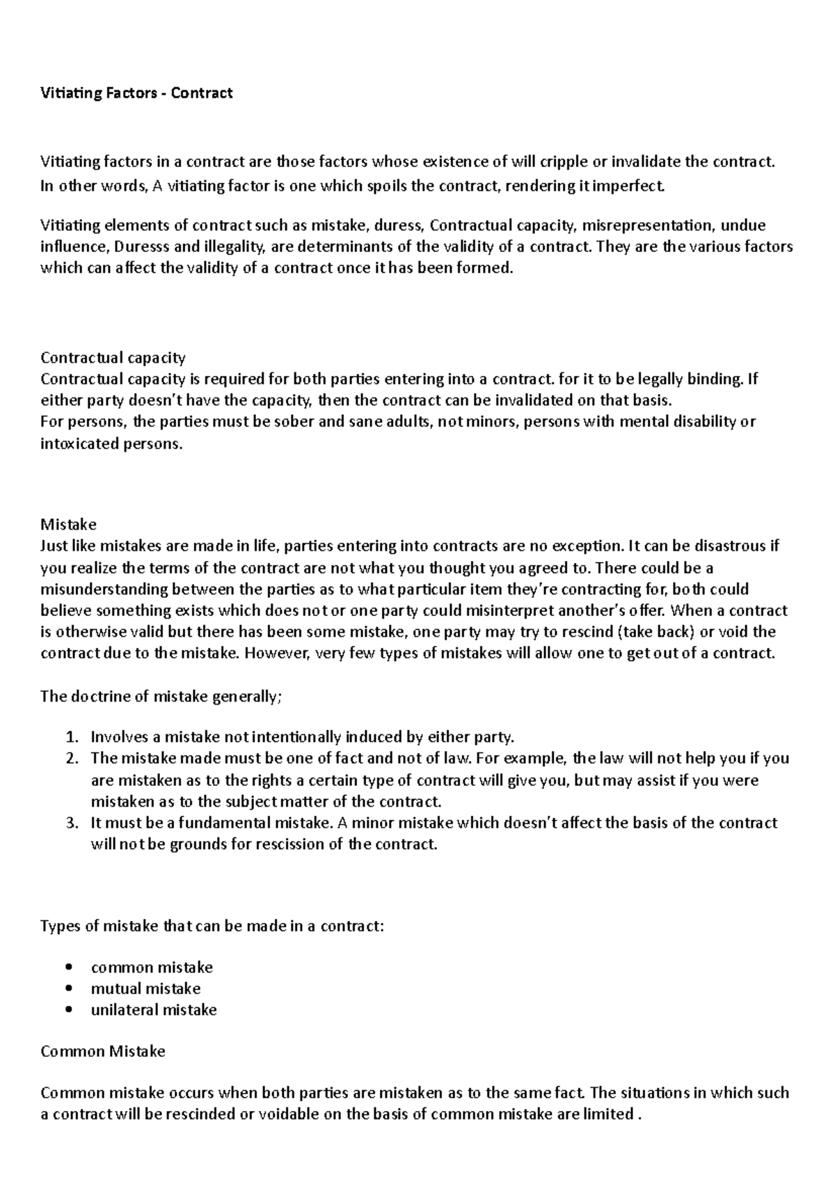 Business Law 5 - vivitating factors - Vitiating Factors - Contract ...