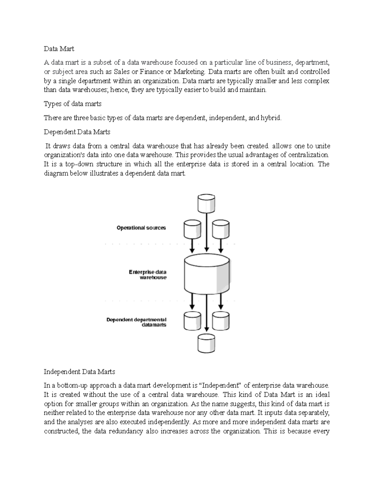 Data Mart and their creation on the database - Data Mart A data mart is ...