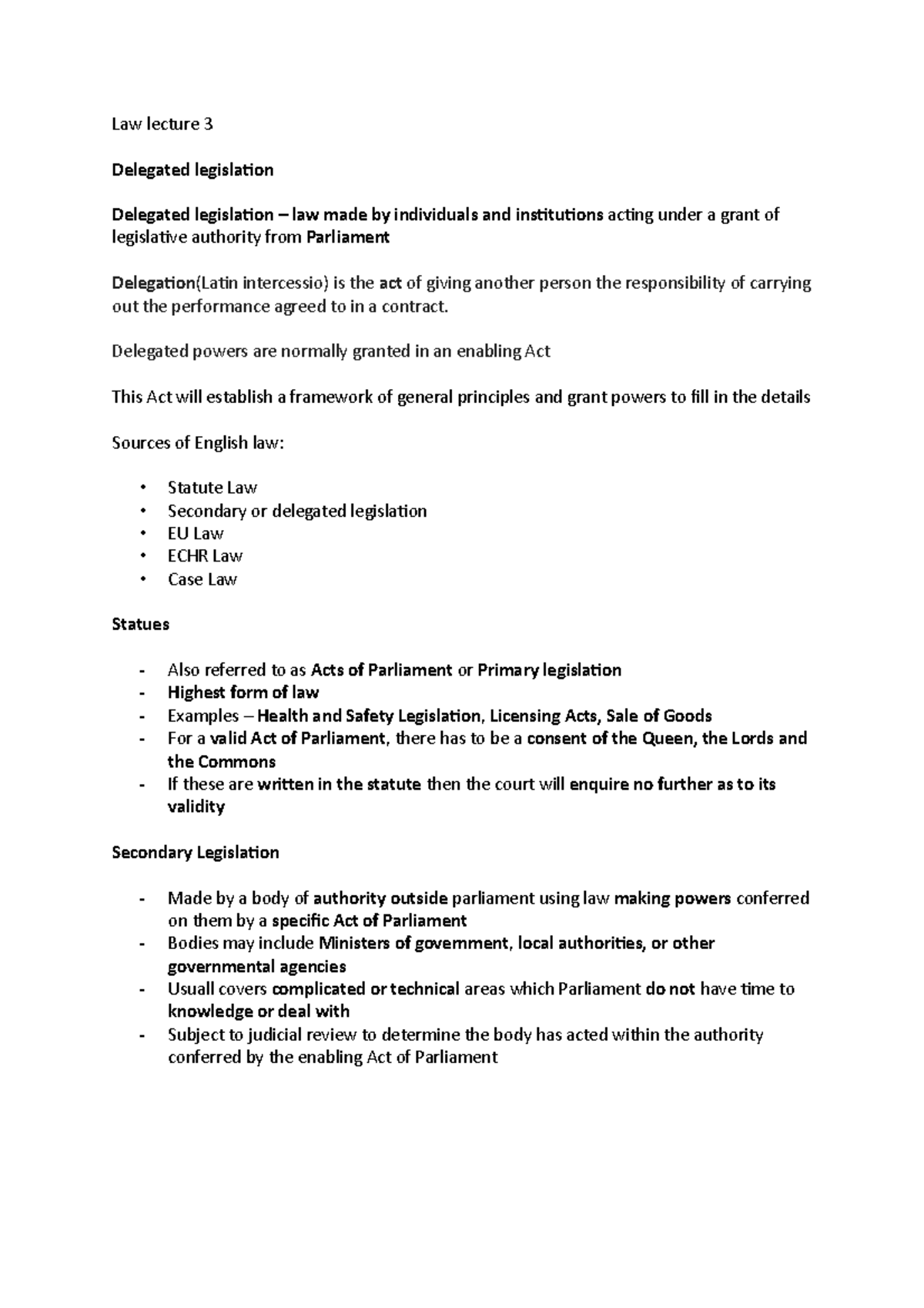Law lecture 3 - information regarding delegated legislation and delegation - CardiffMet - Studocu