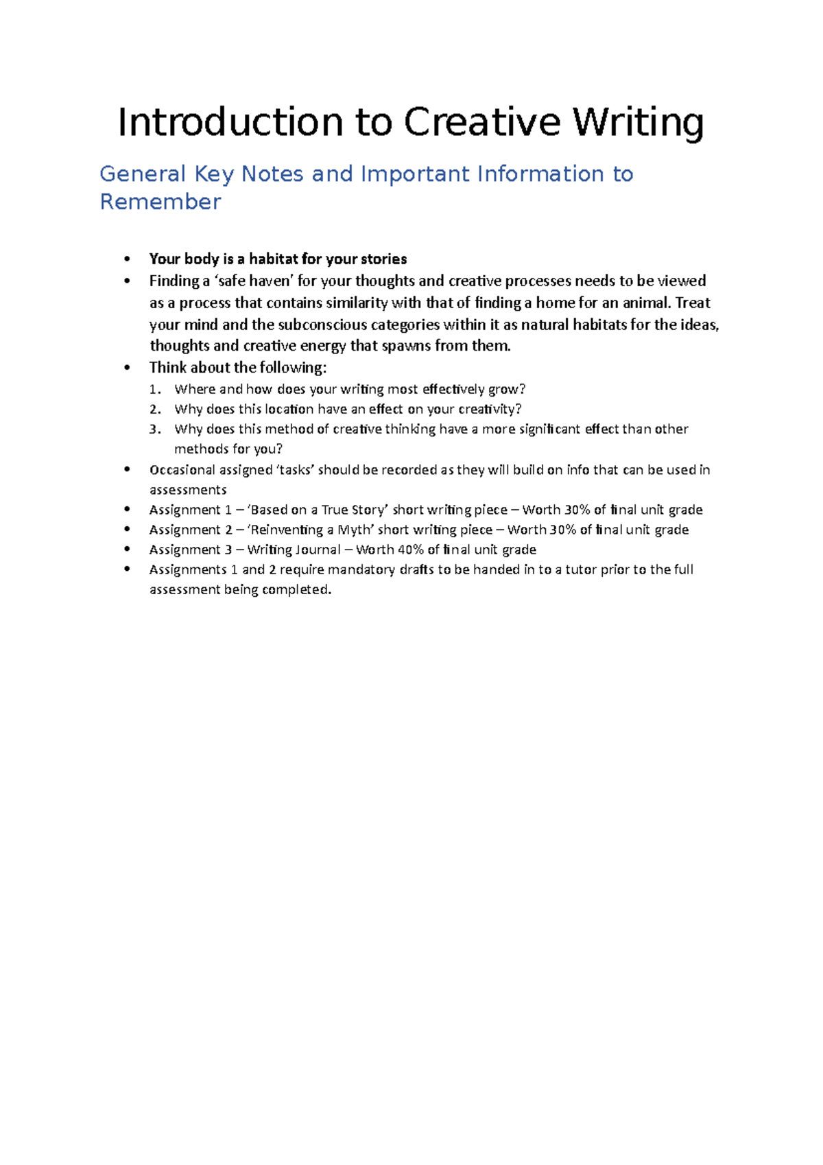 Introduction to Creative Writing (General Notes Compile) - Introduction ...