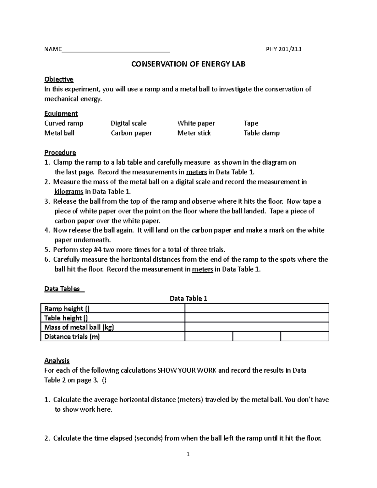 Conservation of Energy Lab - Ramp - NAME ...