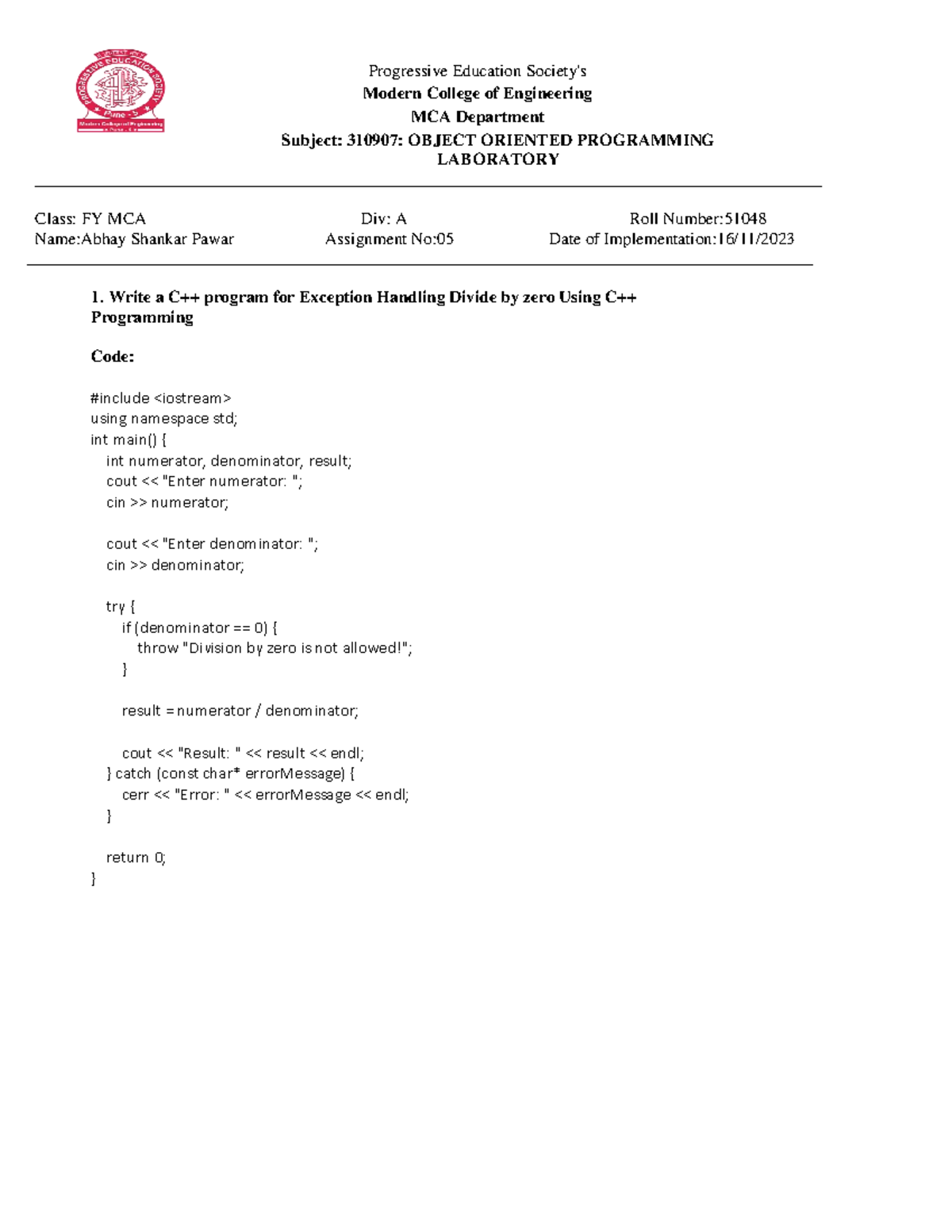 OOP Assignment 5 RNO 48-1 - Progressive Education Society's Modern ...
