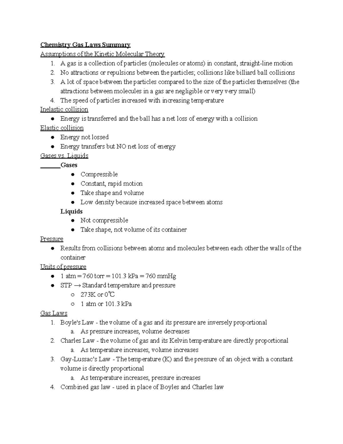 Chemistry Gas Laws Summary - Chemistry Gas Laws Summary Assumptions of ...