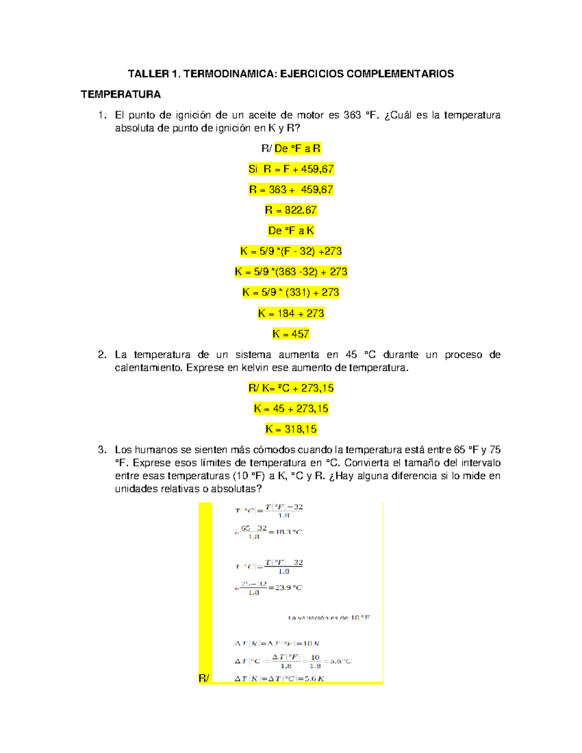 Taller Termo Resuelto pdf - TALLER 1. TERMODINAMICA: EJERCICIOS COMPLEMENTARIOS TEMPERATURA El ...