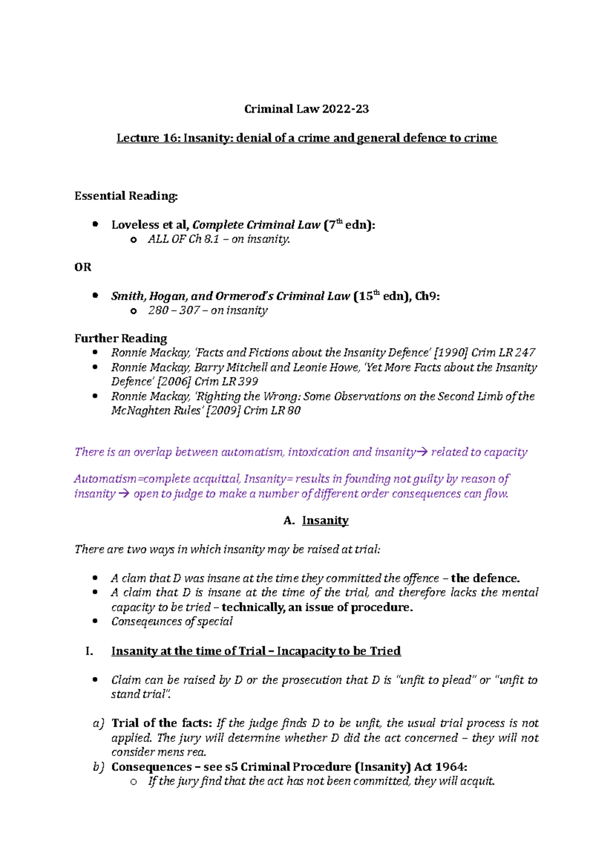 Criminal Law 2022-23 - Lecture 16 - Insanity ( Handout) - Criminal Law ...