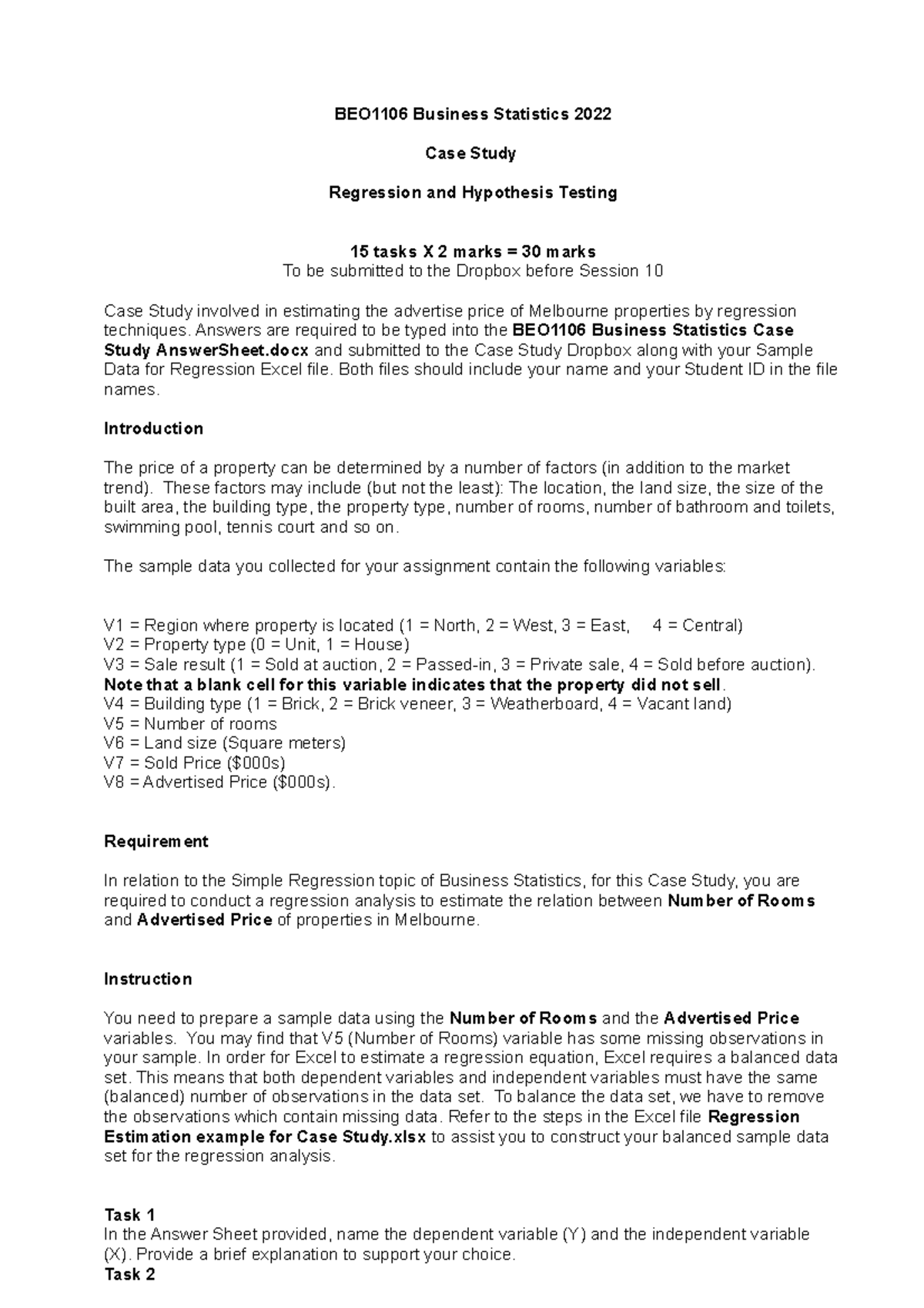 BEO1106 Business Statistics Case Study - BEO1106 Business Statistics 2022 Case Study Regression ...