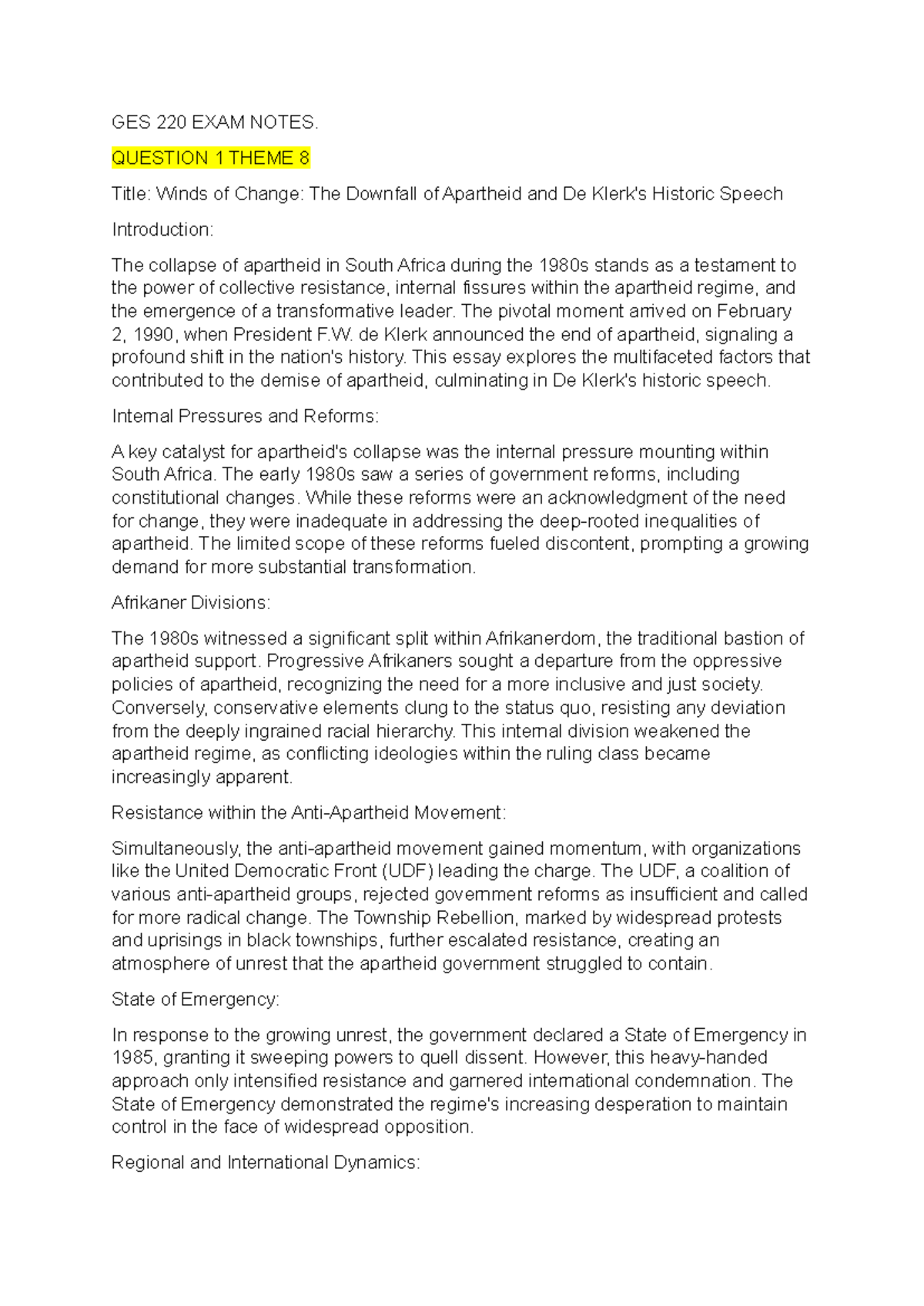 GES 220 Examination Notes - GES 220 EXAM NOTES. QUESTION 1 THEME 8 ...