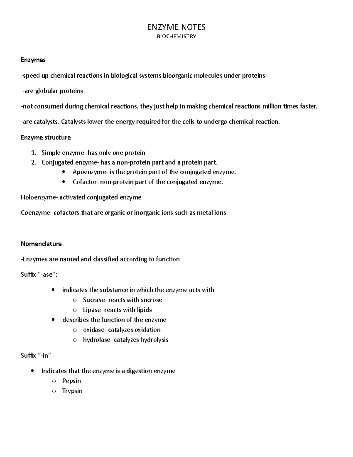 Enzyme- Notes - BIOLOGICAL CHEMISTRY- ENZYMES - ENZYME NOTES ...