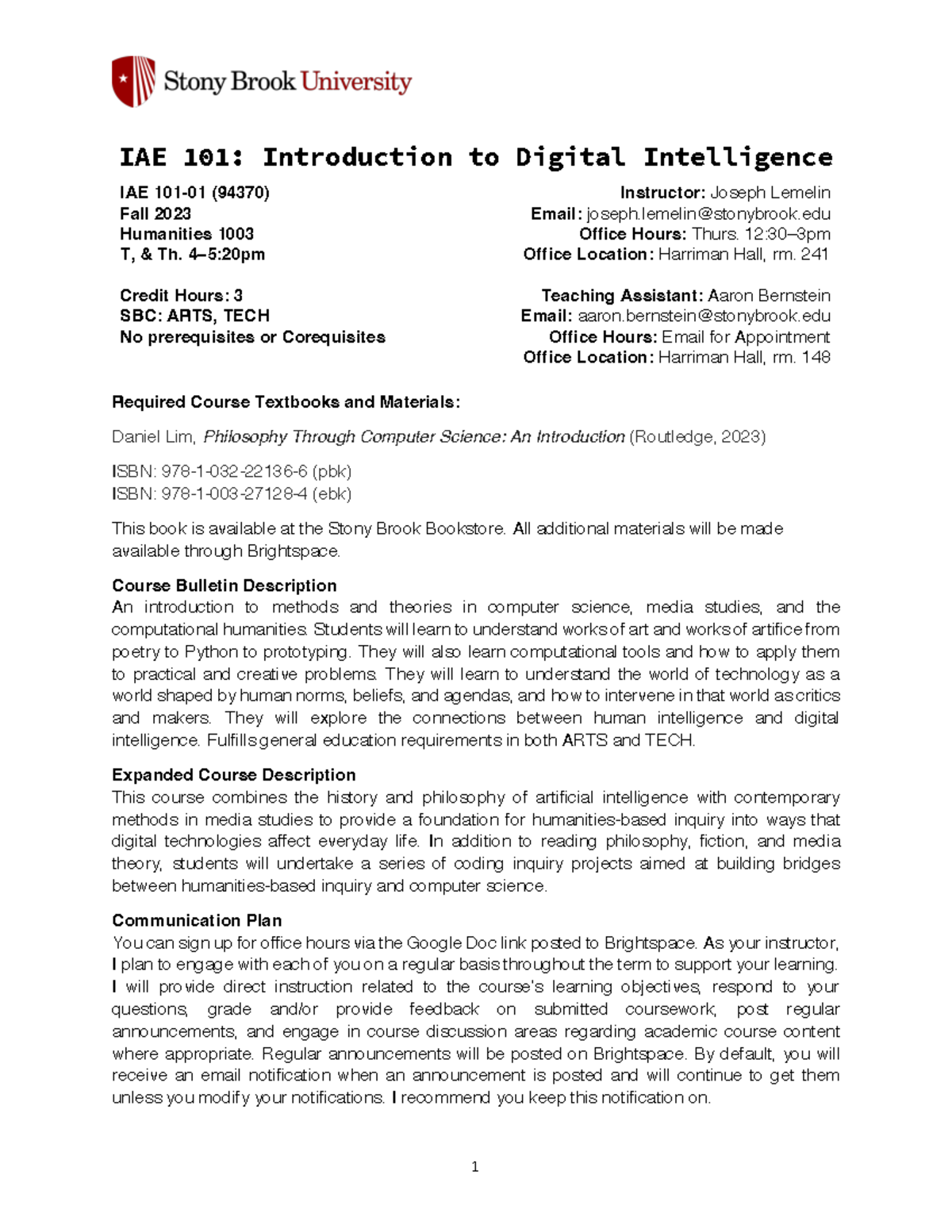 IAE101 01 F23 Lemelin-updated - IAE 101: Introduction to Digital Intelligence IAE 101-01 (94370 ...