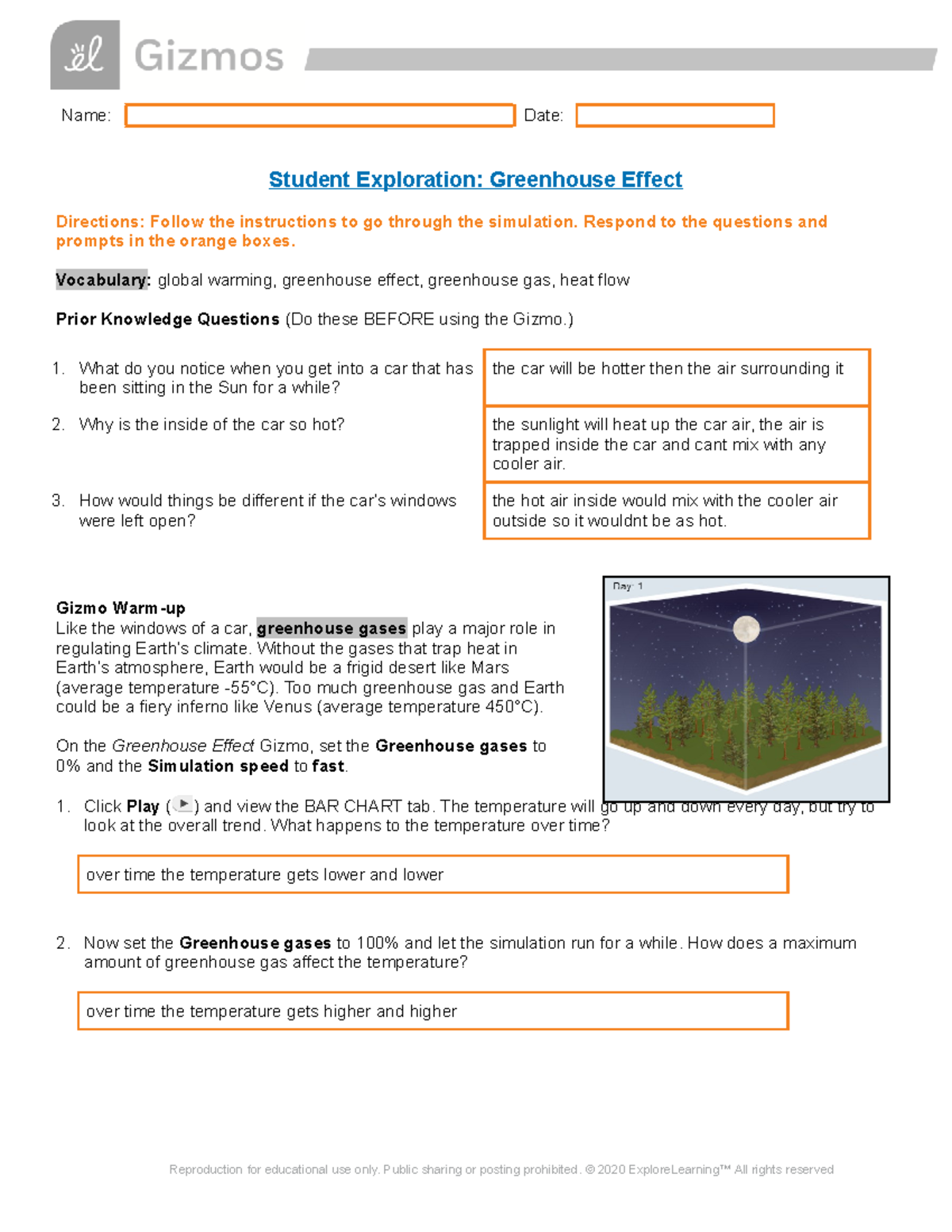 Copy of Gizmos Greenhouse Effect SEm - Name: Date: Student Exploration ...