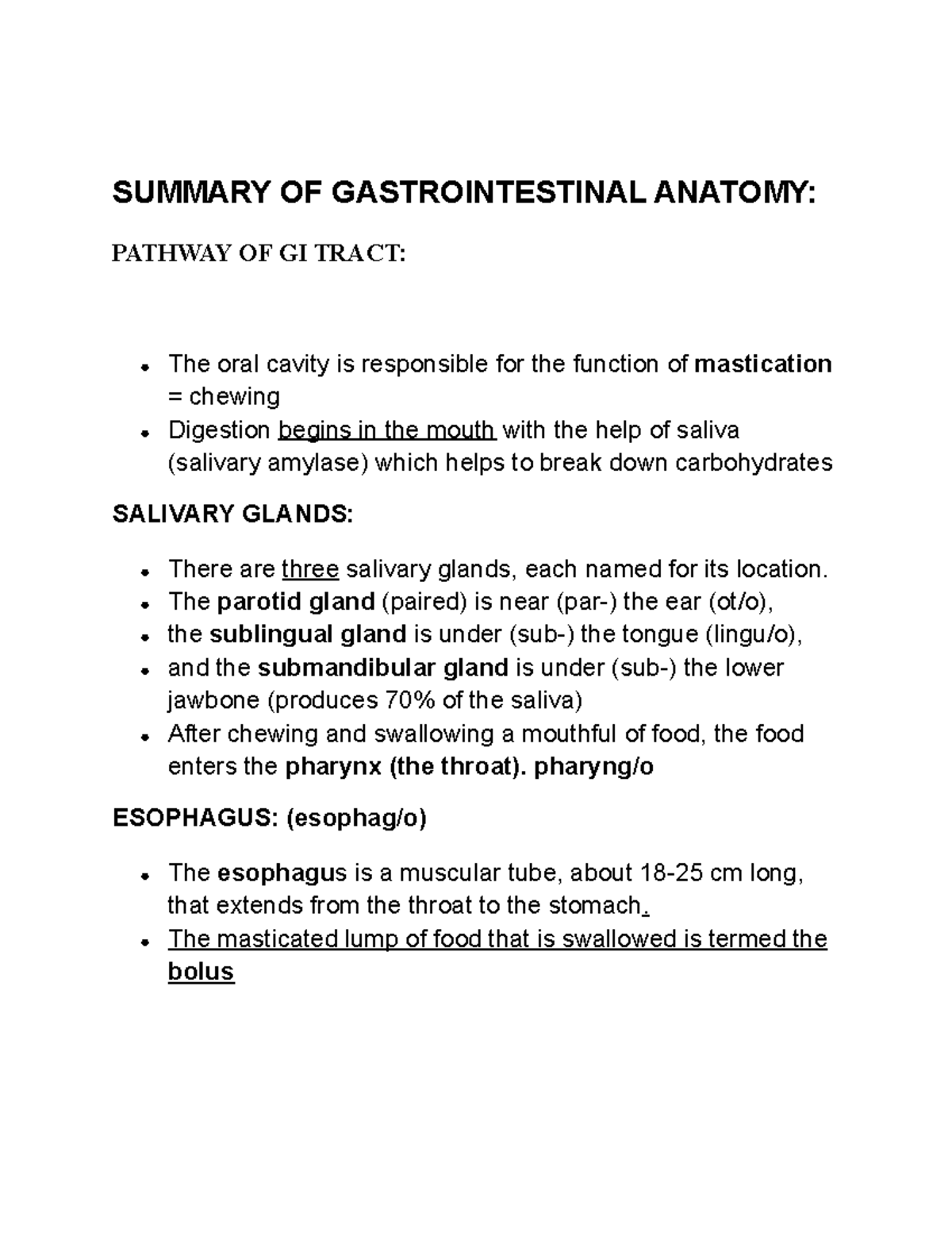 Summary OF Gastrointestinal Anatomy - SUMMARY OF GASTROINTESTINAL ...