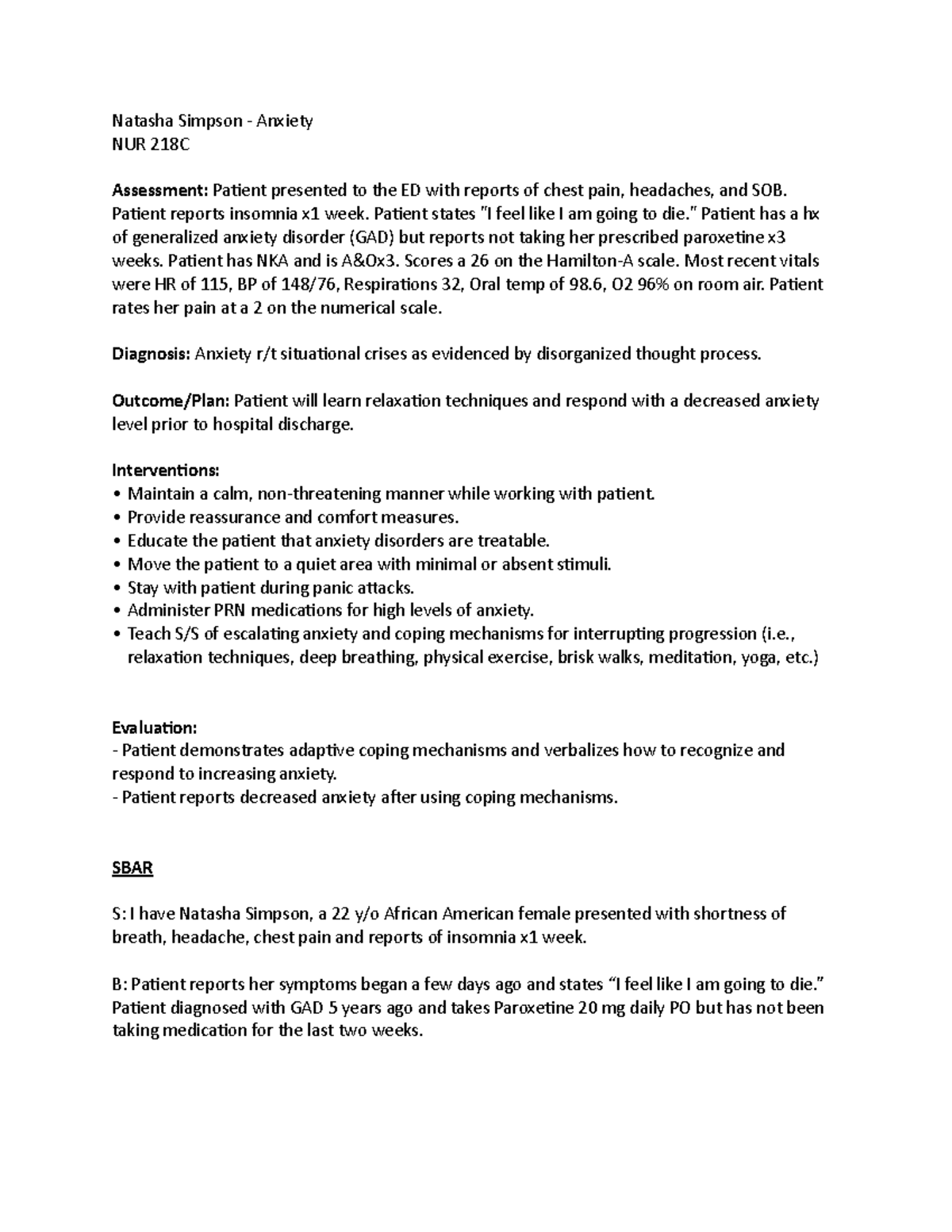 Anxiety Assessment and Intervention for Patient with Generalized ...