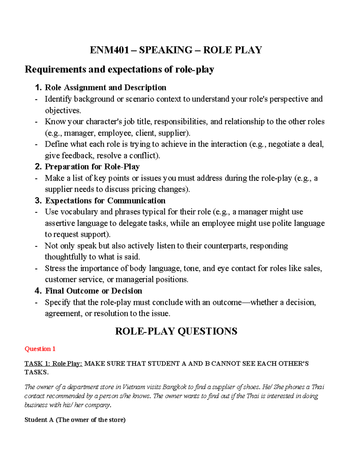 Copy of ENM401 Speaking-ROLE PLAY - ENM401 – SPEAKING – ROLE PLAY ...