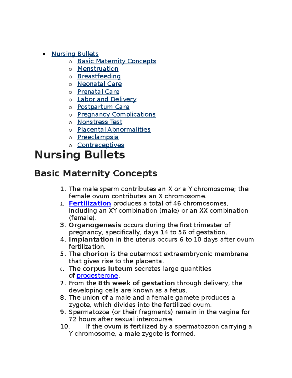 CMCA Bullets - Lecture notes 1-100 - Nursing Bullets o Basic Maternity ...