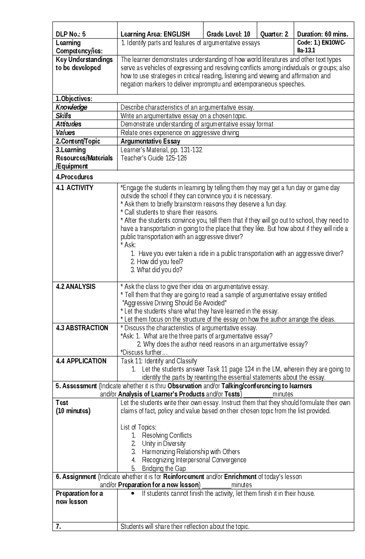 Dlp 5 Dlp No 5 Learning Area English Grade Level 10 Quarter 2 Duration 60 Mins Learning