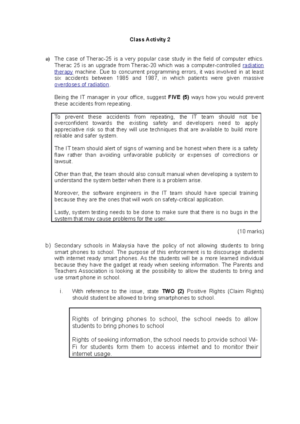 Class Activity 2 - iii - Class Activity 2 a) The case of Therac-25 is a ...