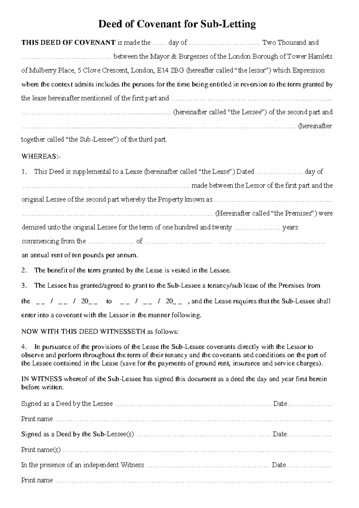 Deed of Covenant for Sub-Letting - ..... day of ...