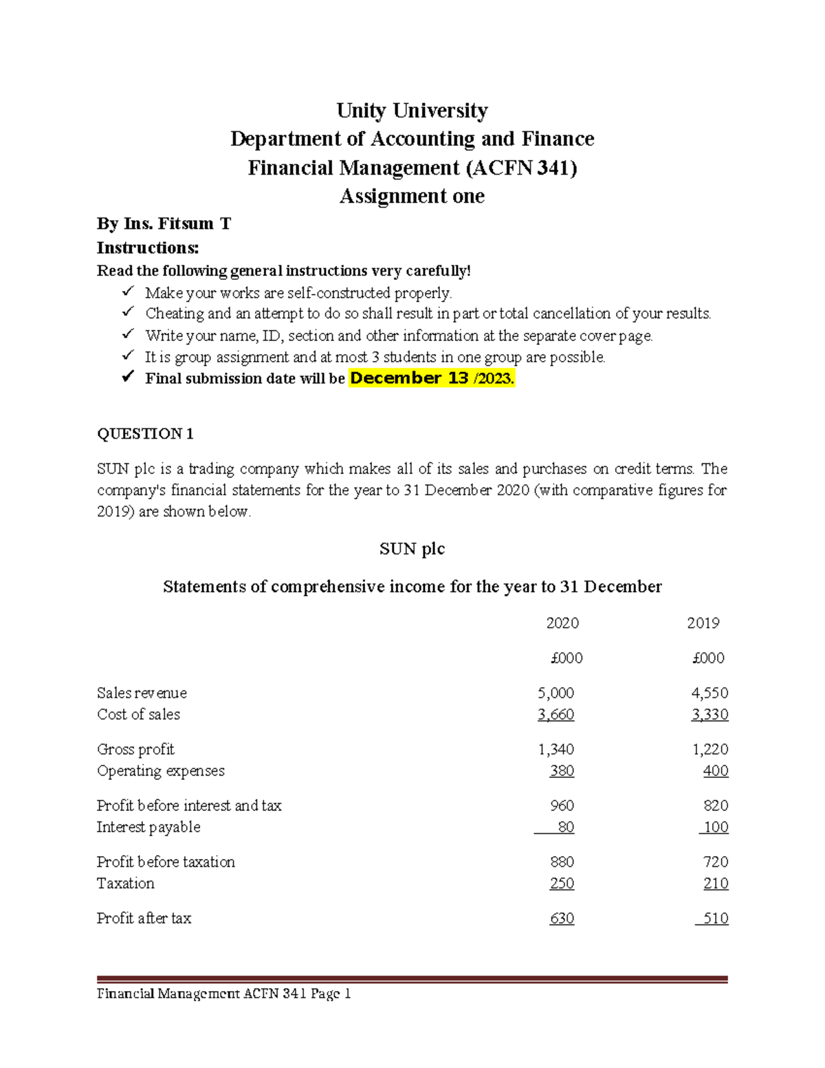 Assignment one 2023 mekdi - Unity University Department of Accounting and Finance Financial ...