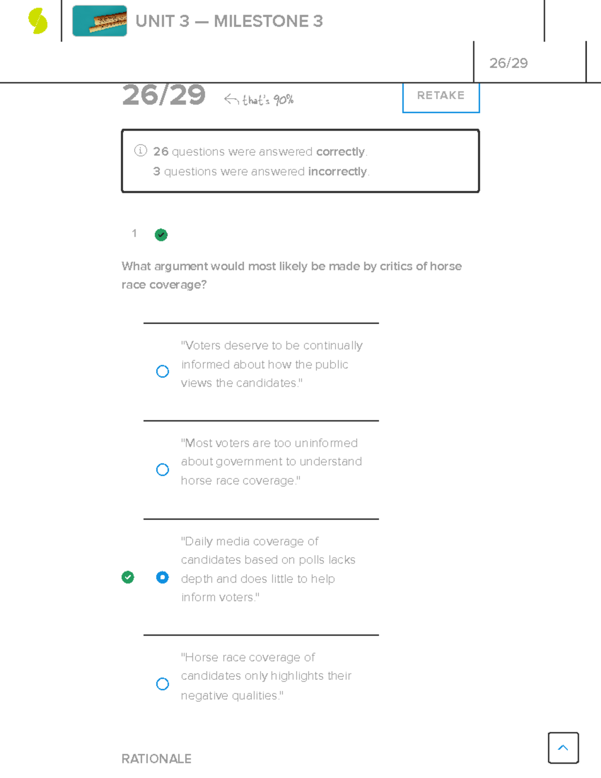 US Government milestone 3 - 1 26 / 29 that's 90% RETAKE 26 questions ...
