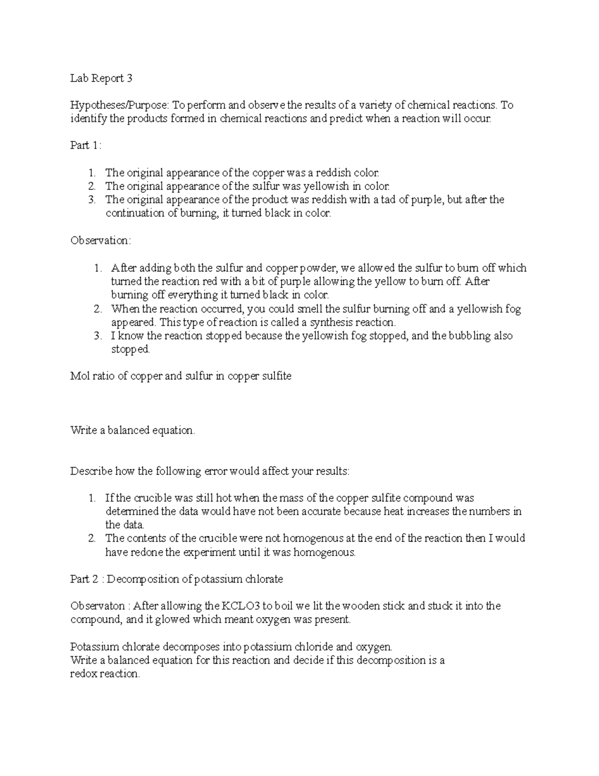Lab Report 3 - To identify the products formed in chemical reactions ...