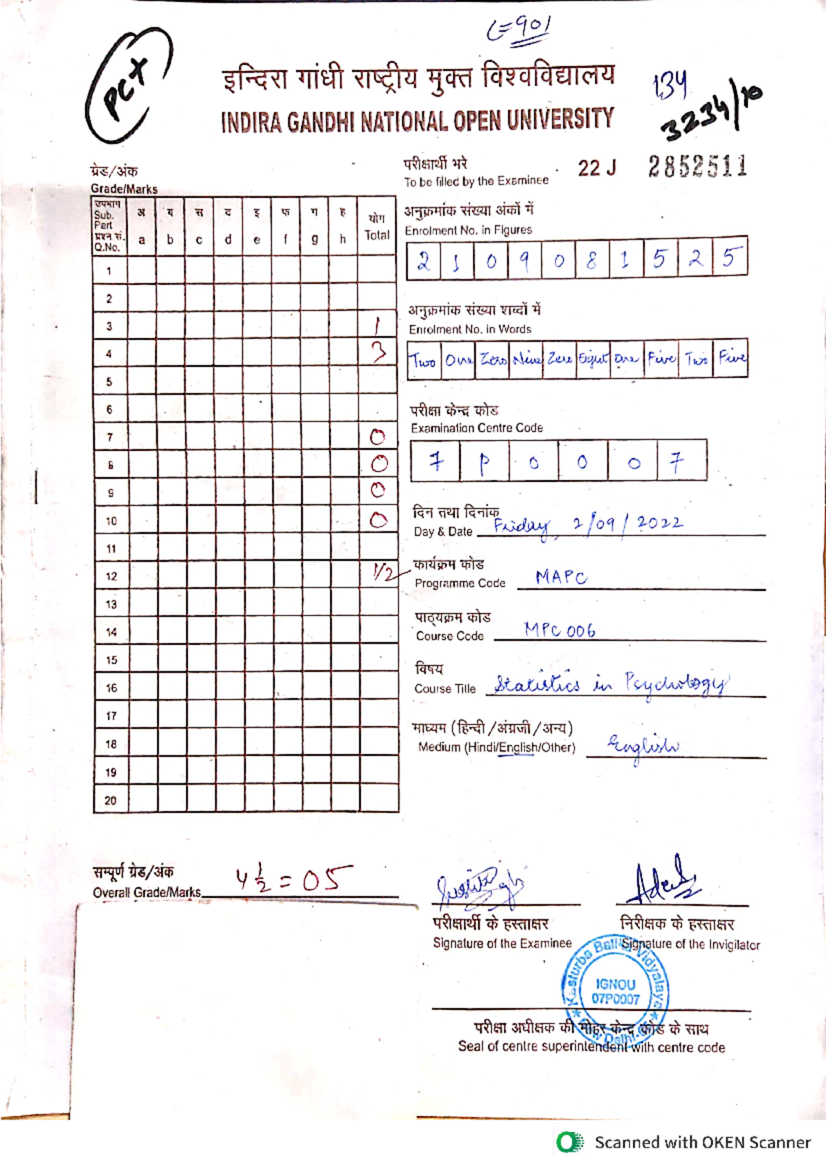 Revaluation answer sheet MPC006 - masters in psychology - Studocu