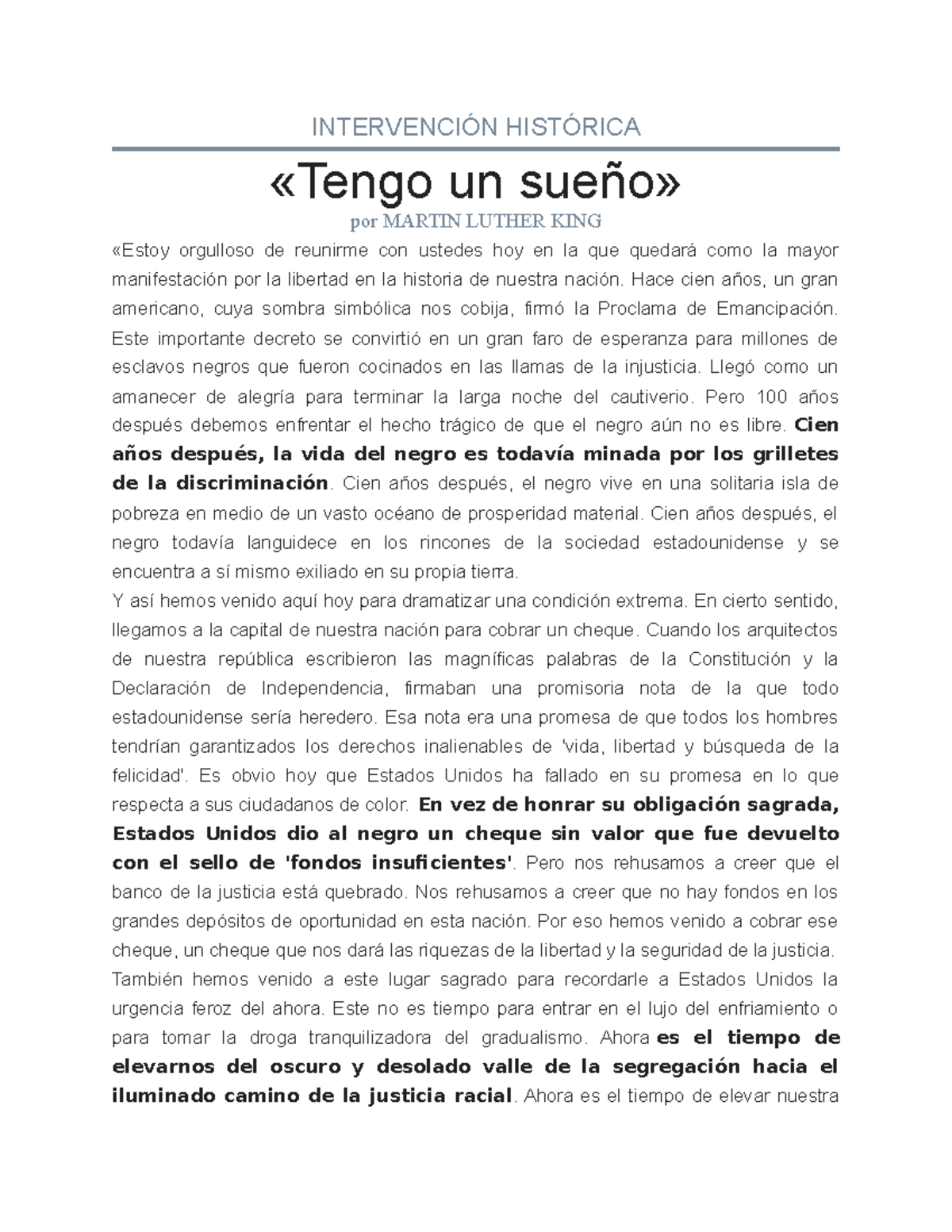 Martín Luther King- Tengo un sueño - INTERVENCIÓN HISTÓRICA «Tengo un ...