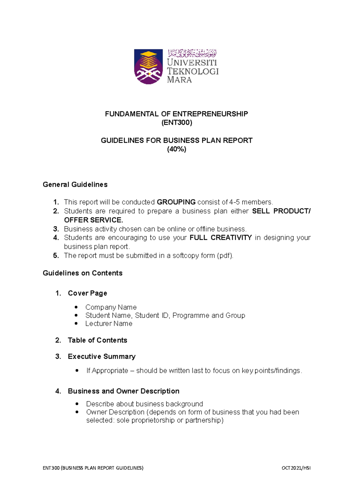 Assignment 3- Business PLAN Report Guidelines - FUNDAMENTAL OF ...