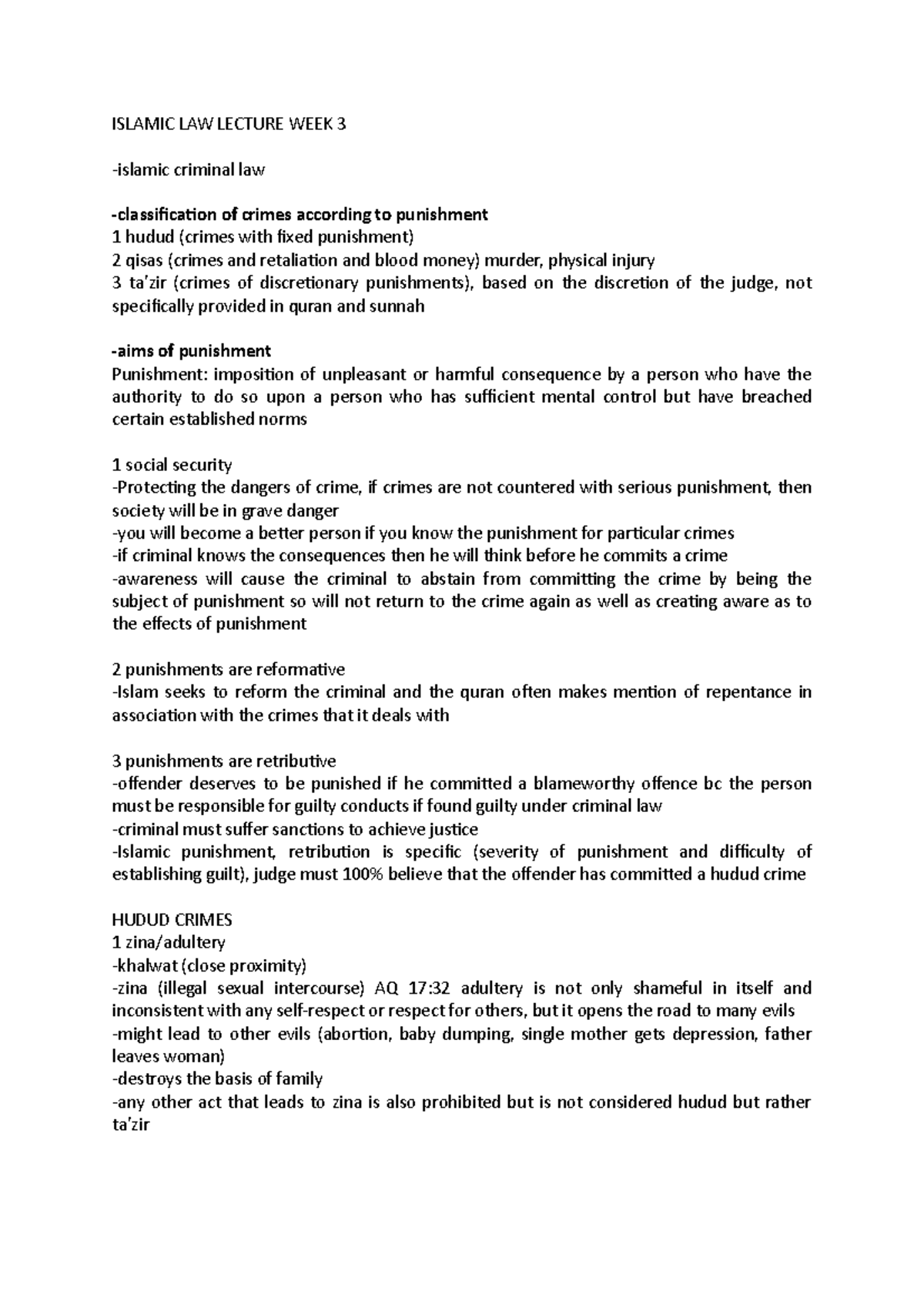 Islamic LAW Lecture - ISLAMIC LAW LECTURE WEEK 3 -islamic criminal law ...