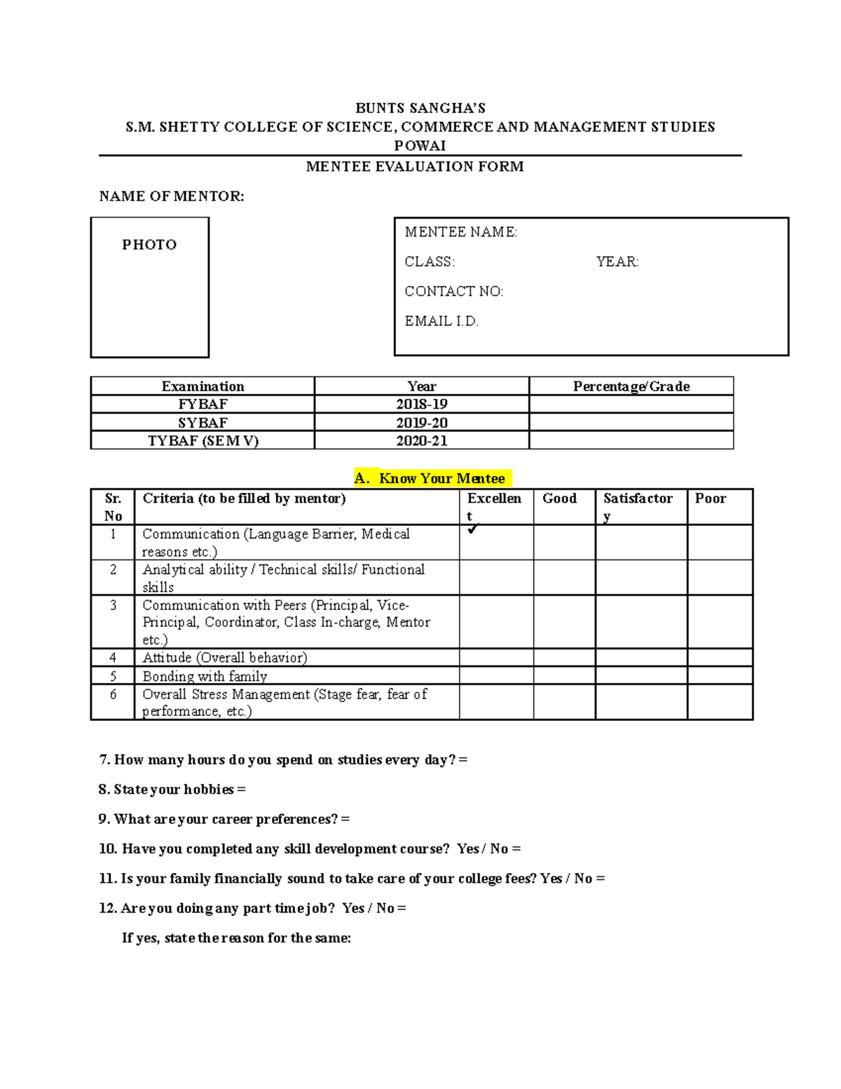 Mentee Evaluation FORM - BUNTS SANGHA’S S. SHETTY COLLEGE OF SCIENCE, COMMERCE AND MANAGEMENT ...