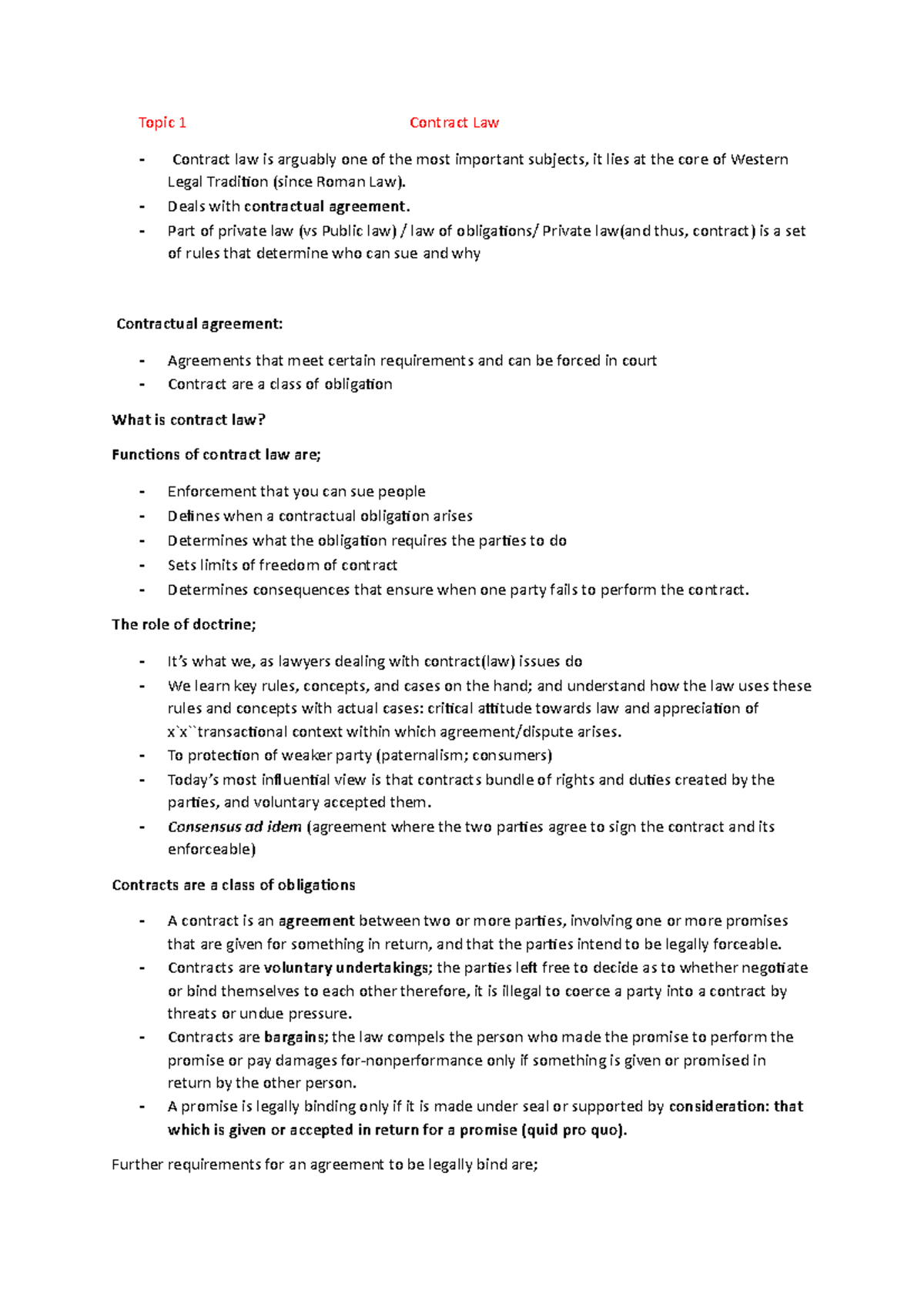 Contract law - Basic Notes - Topic 1 Contract Law - Contract law is ...