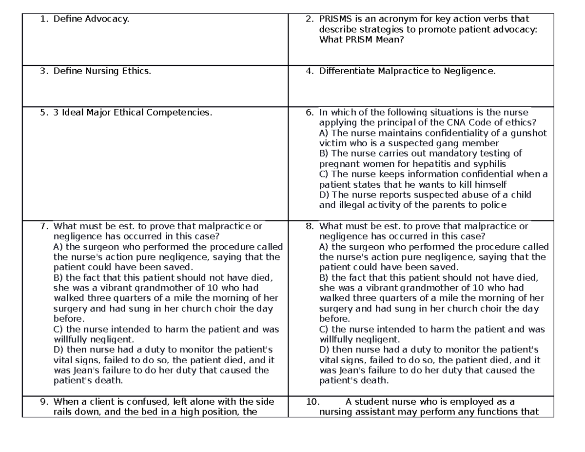 Moving EXAM SET A - NOTES - Define Advocacy. 2. PRISMS is an acronym ...